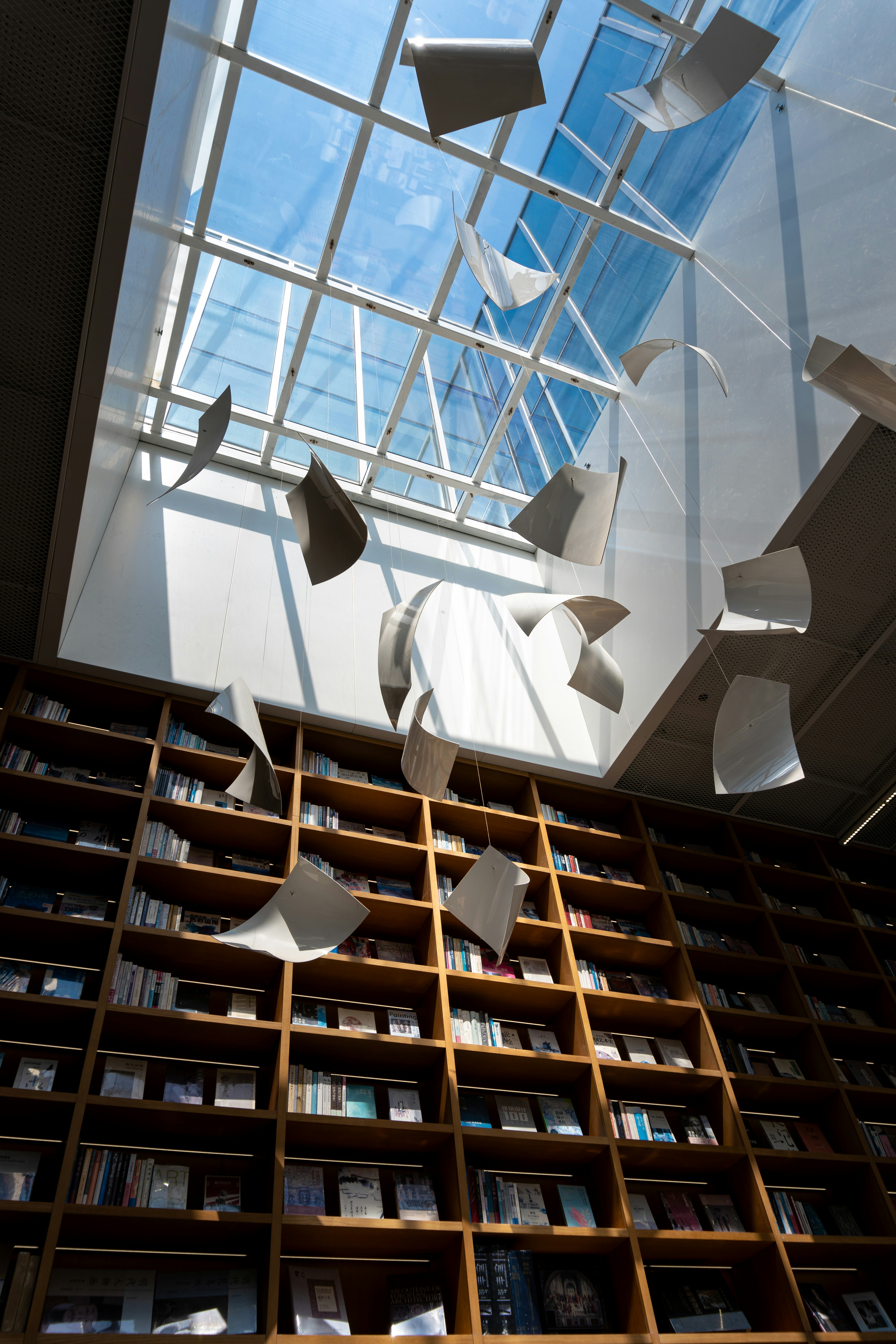 Floating pages above illuminated shelves in a sunlit atrium