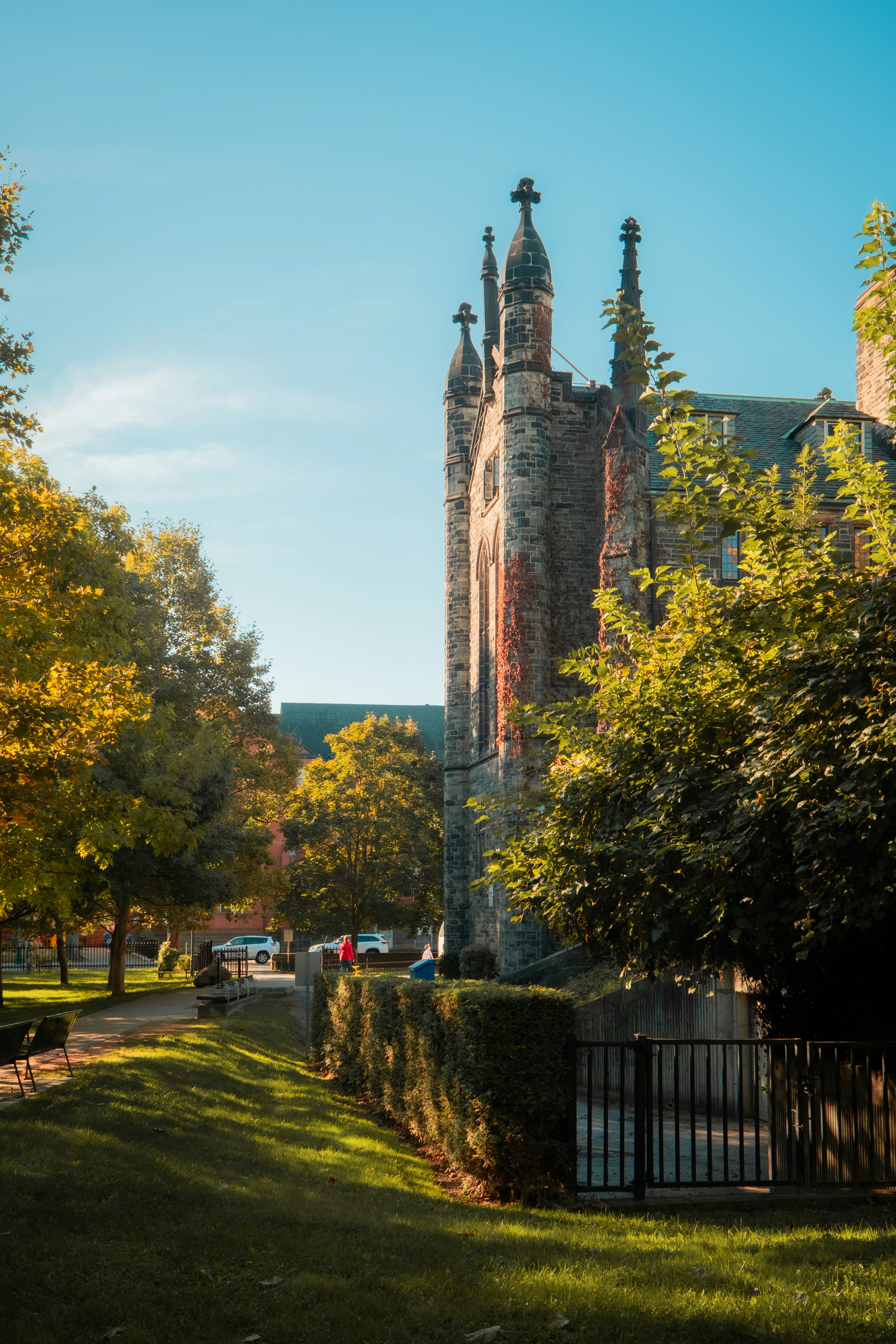 Historic Gothic Tower Framed by Autumn Trees