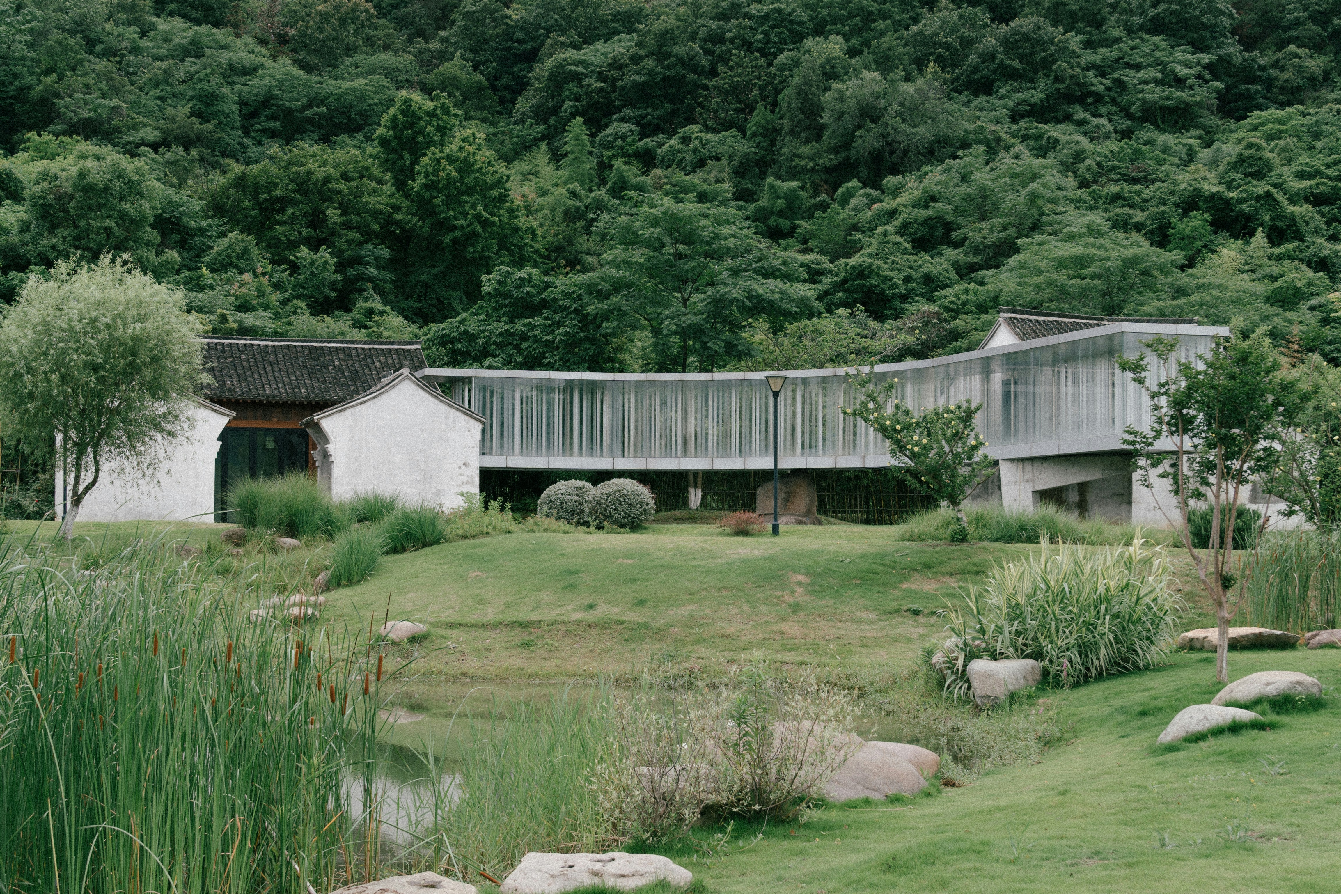 Harmonious Retreat: Modern Bridge Among Quiet Green Hills