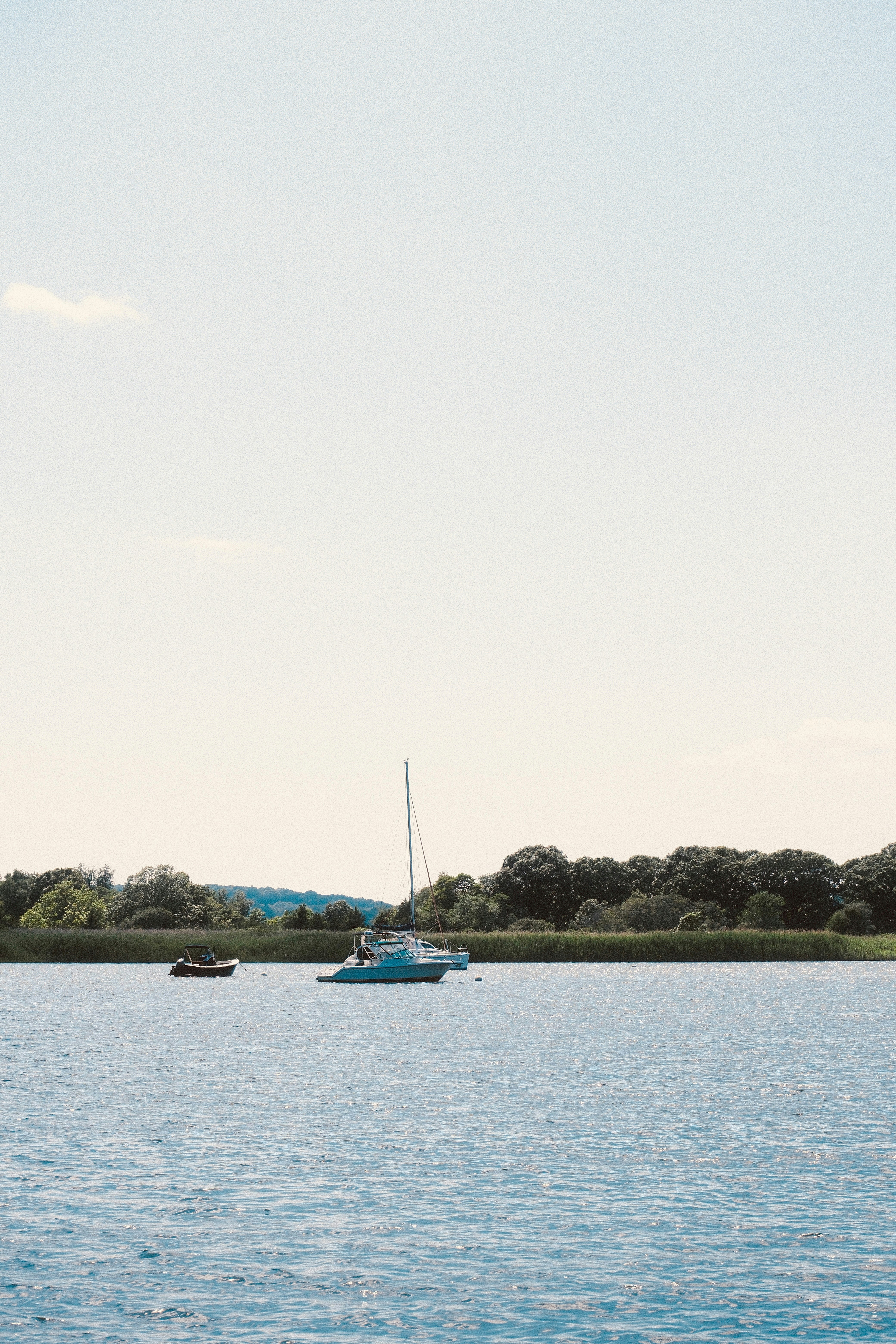 Sailboats anchor along a calm inlet with a distant treeline under a pale sky. A tranquil waterscape highlighting boats and shoreline detail.