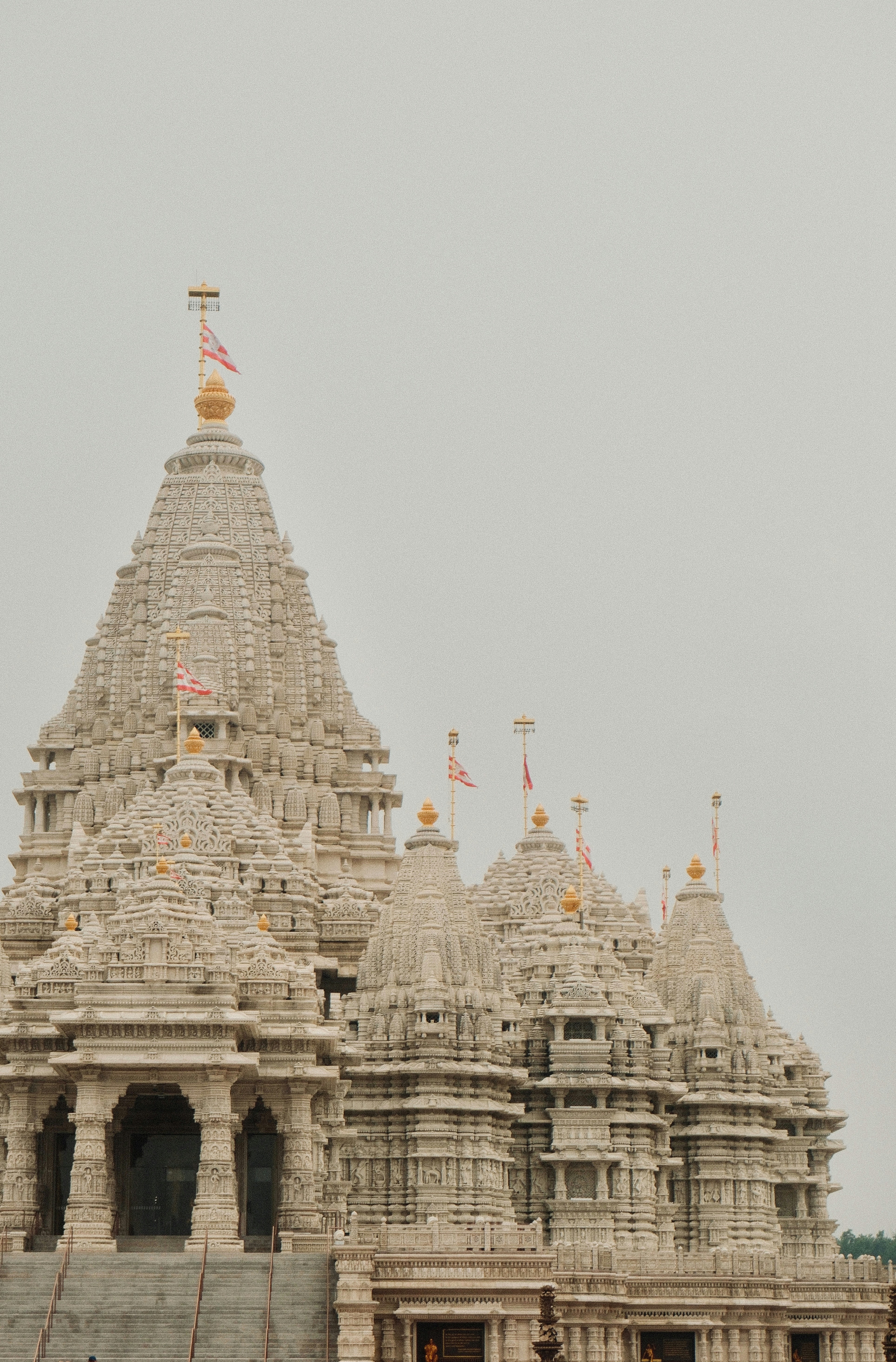 Ornate Temple Spires Reaching Toward a Pale Sky