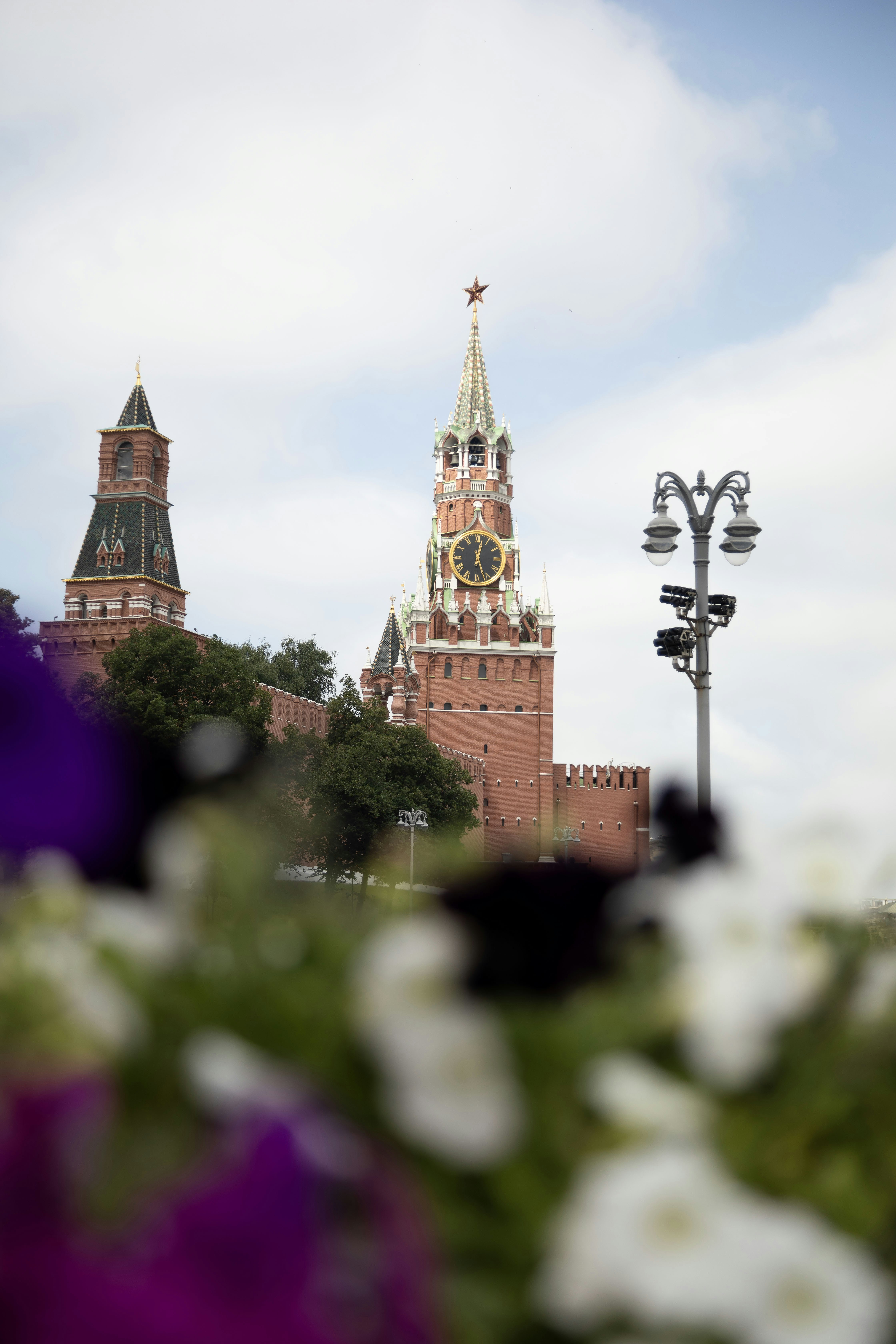 Spire and Clock: Moscow's Kremlin from a Blurred Floral Foreground