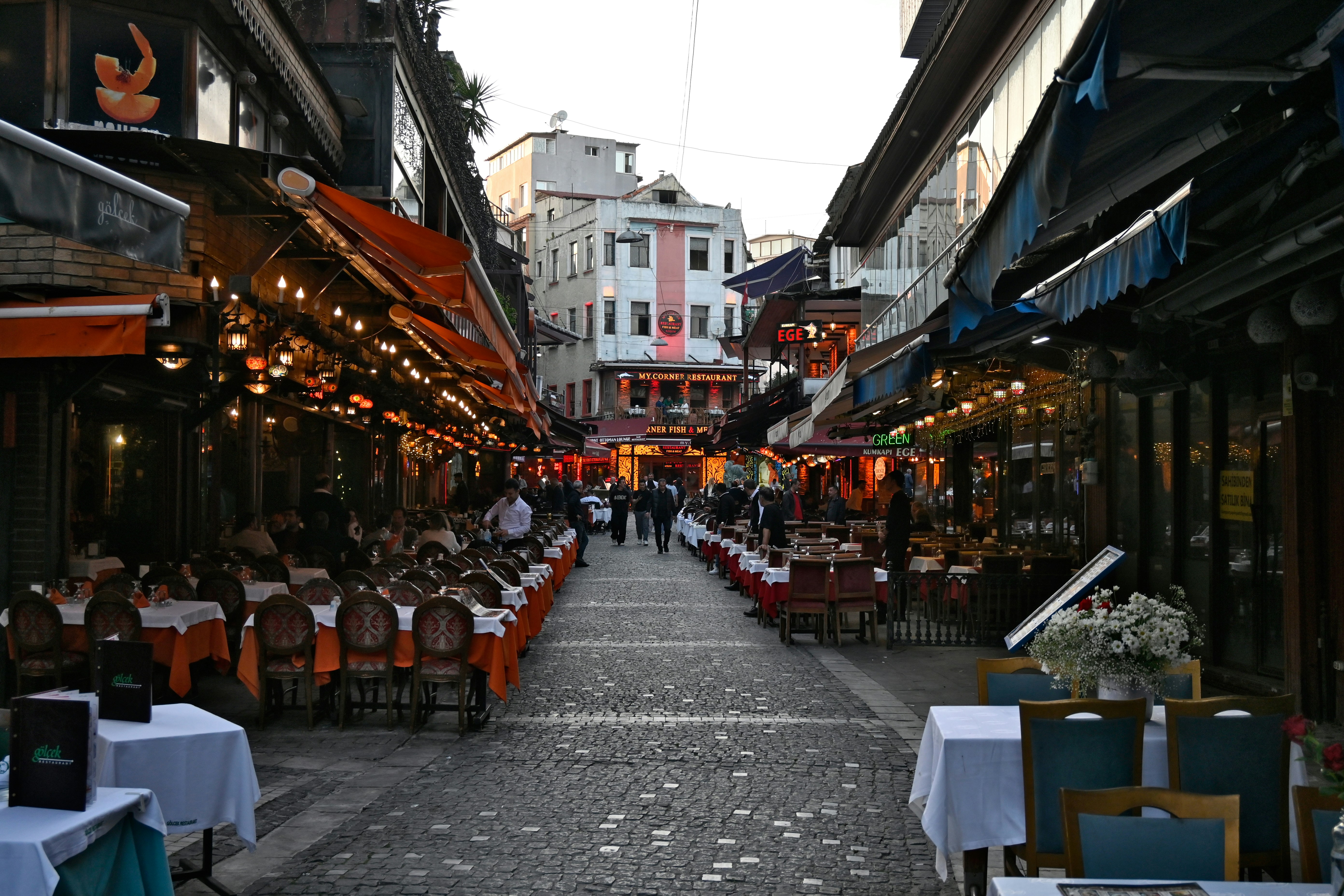 Cobbled Street Dinner Courtyard at Dusk
