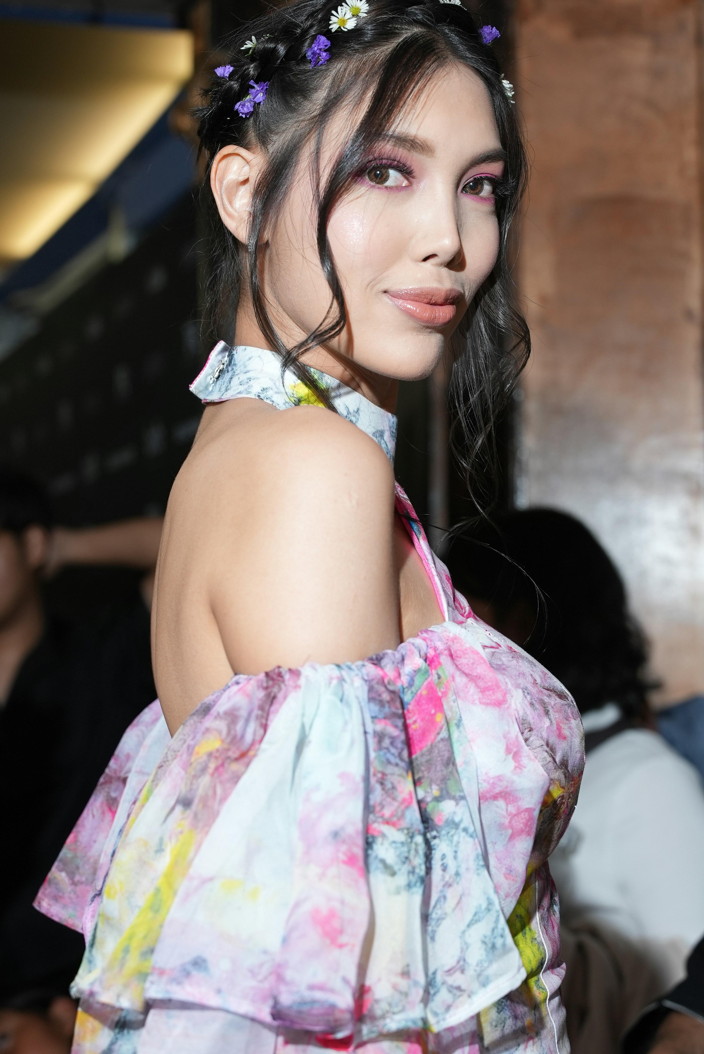 Floral Halo: Portrait of Grace in a Colorful Evening Ensemble