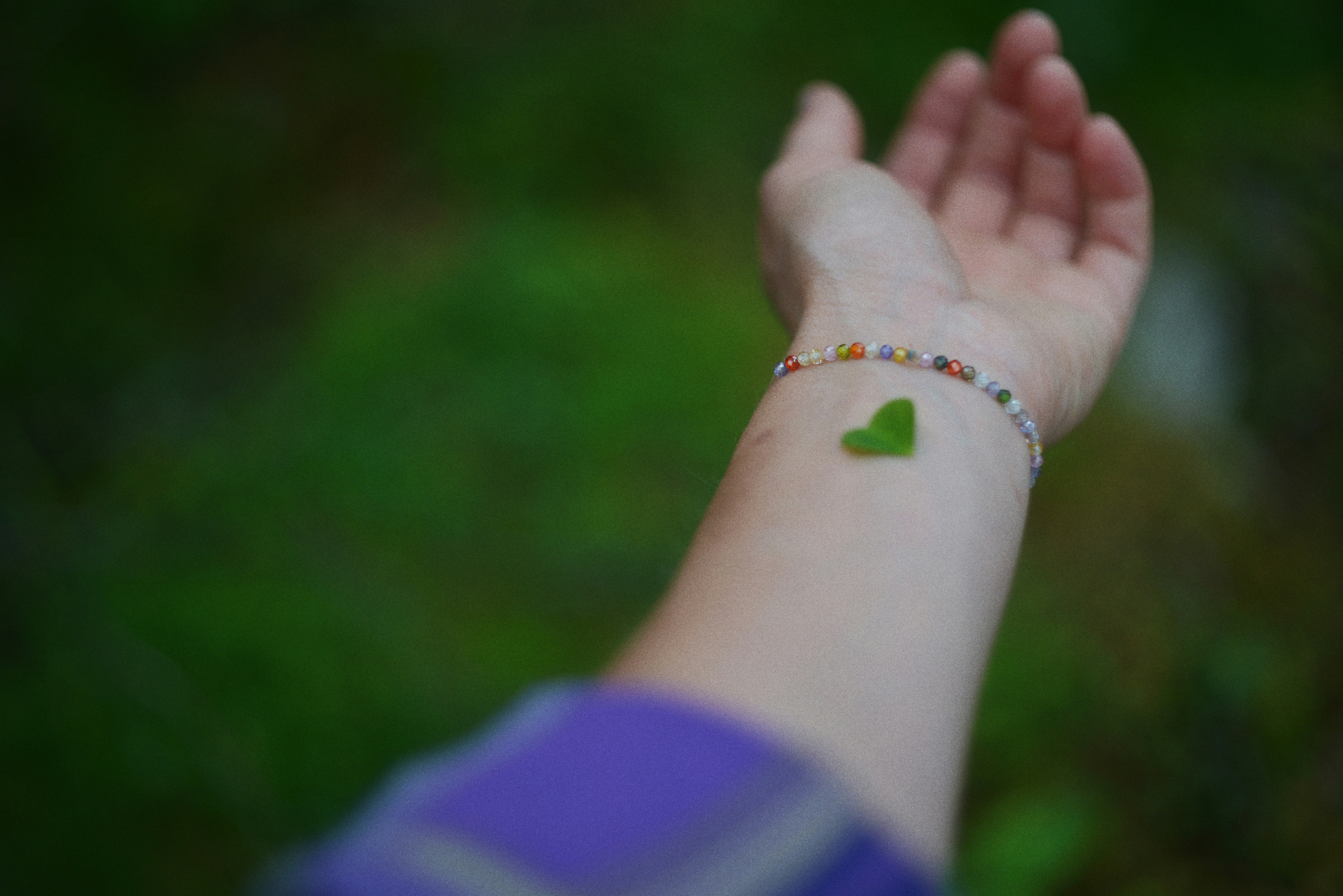 Green Heart Tattoo on Outstretched Wrist in Soft-Focus Garden