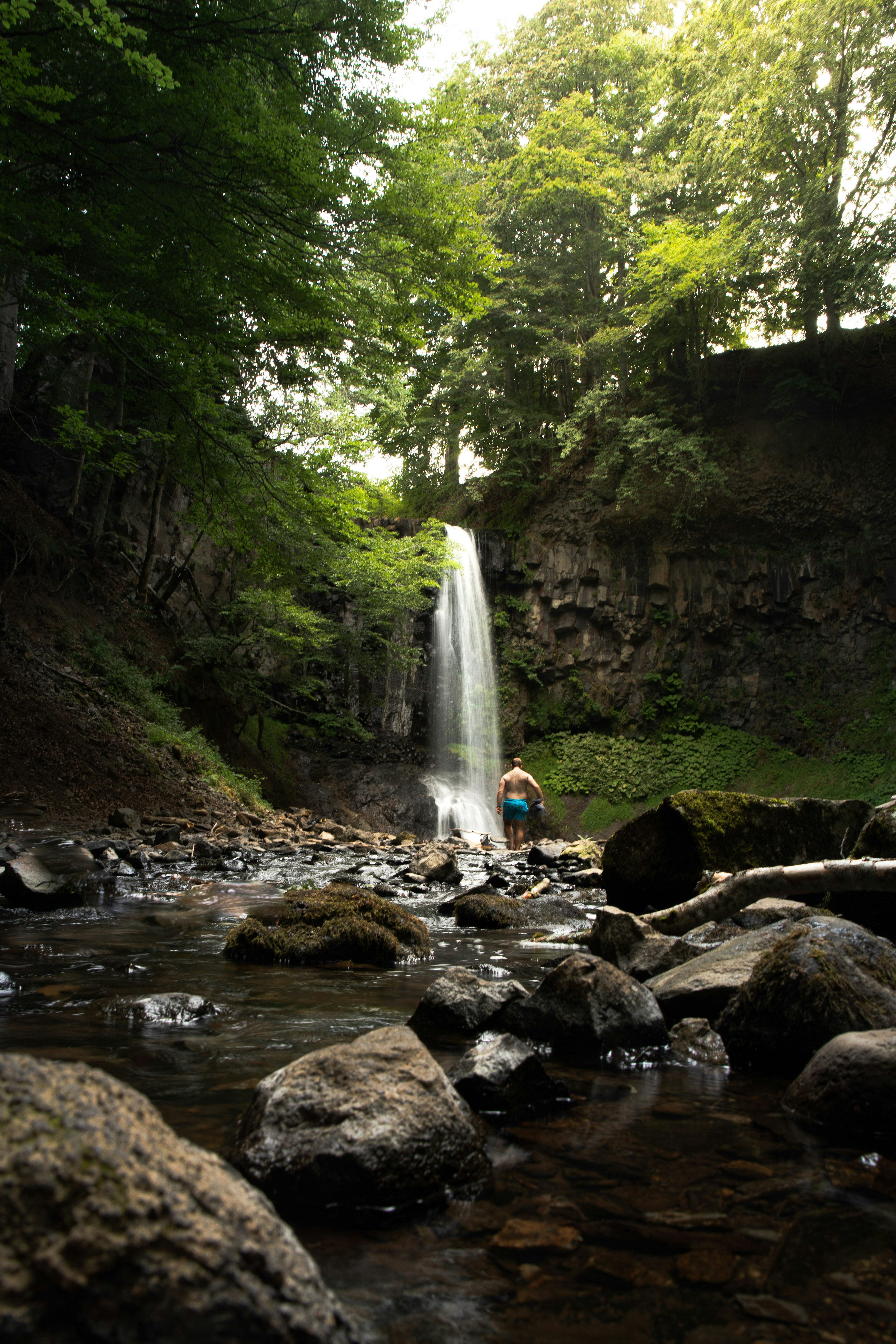 Waterfall Veil: A Lone Surfer Stands at the Base of a Forested Fall