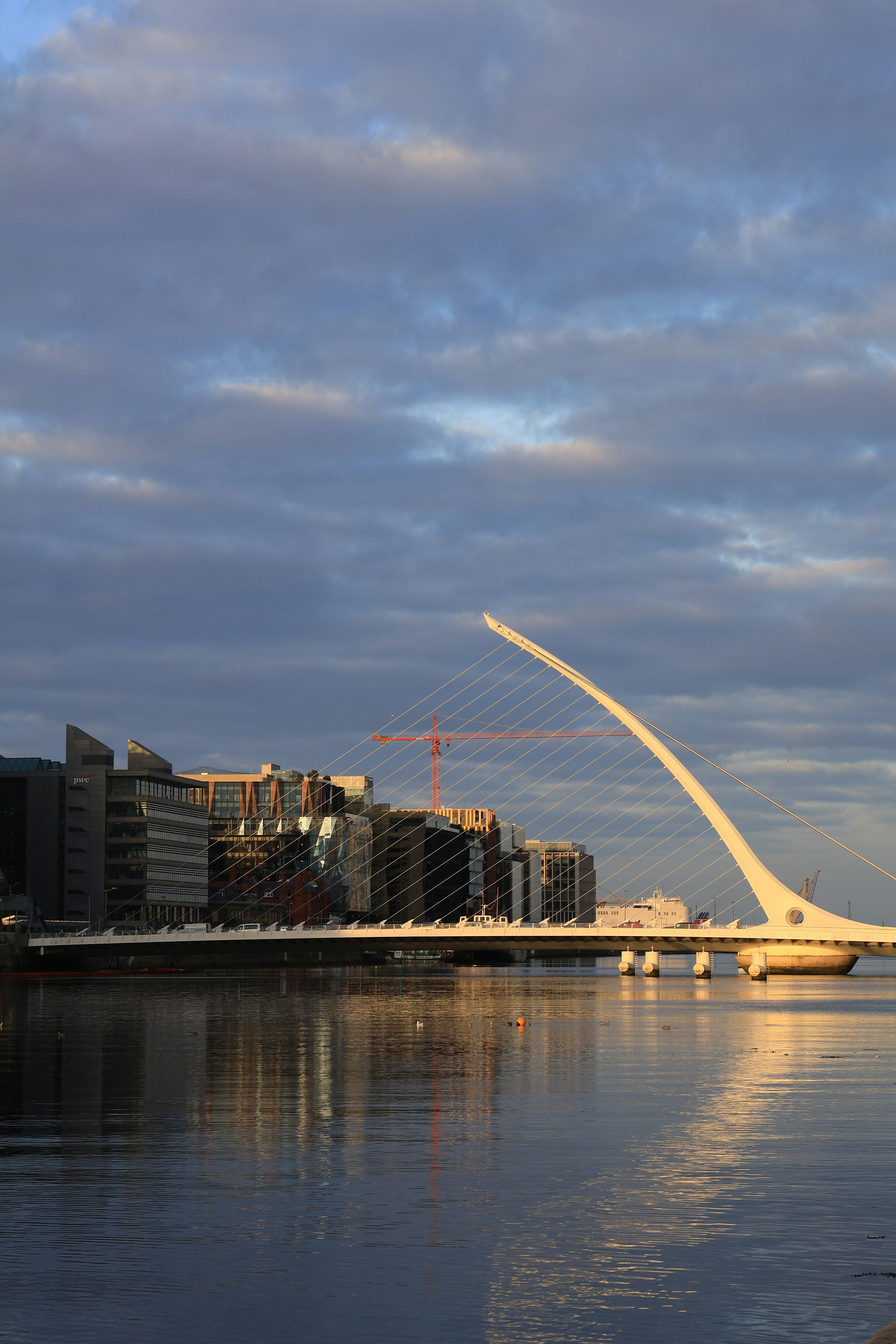 White Cable-arched Bridge over Calm River at Sunset