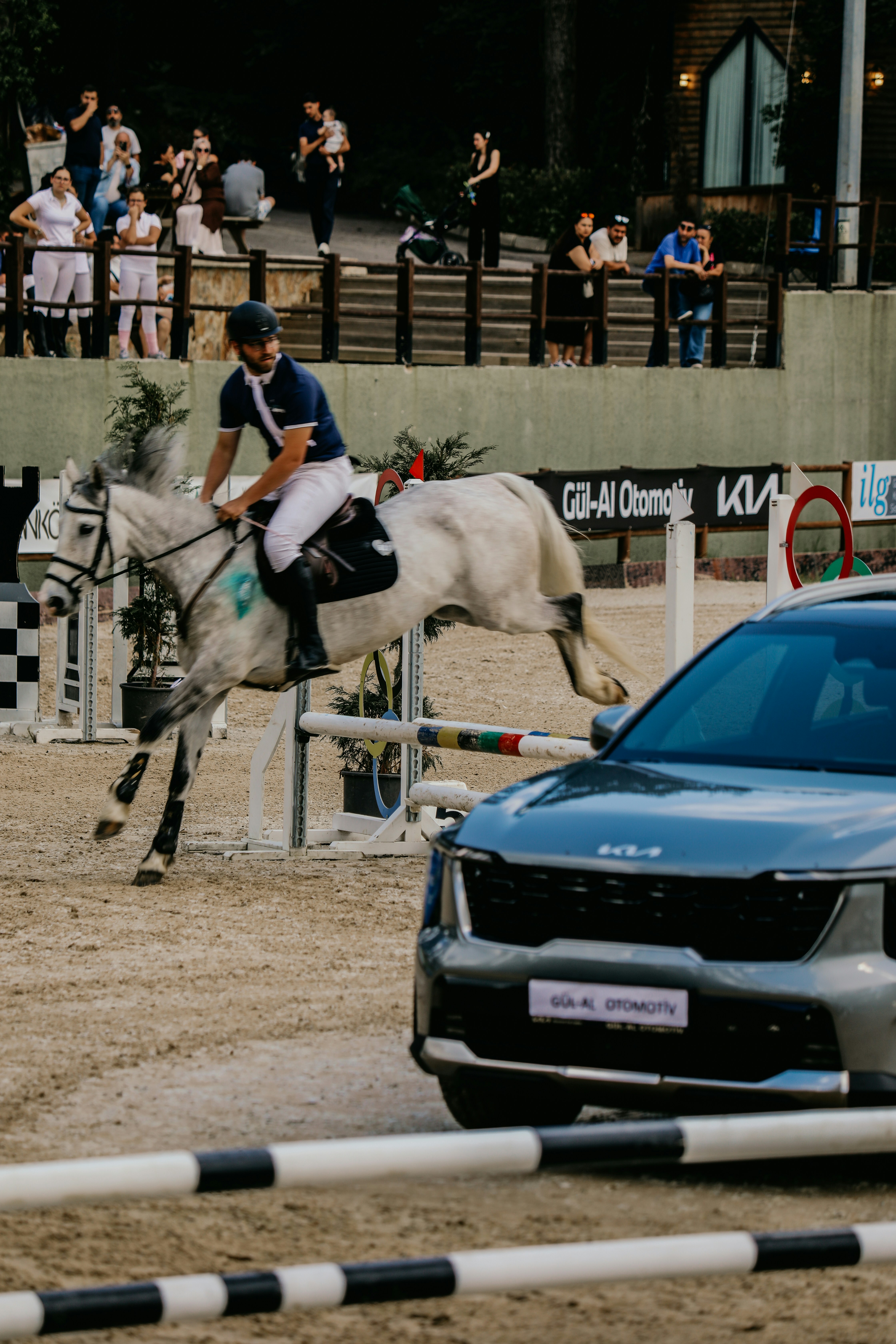 Gallant Jump: Rider and White Thoroughbred Clear a Hurdle as Spectators Watch