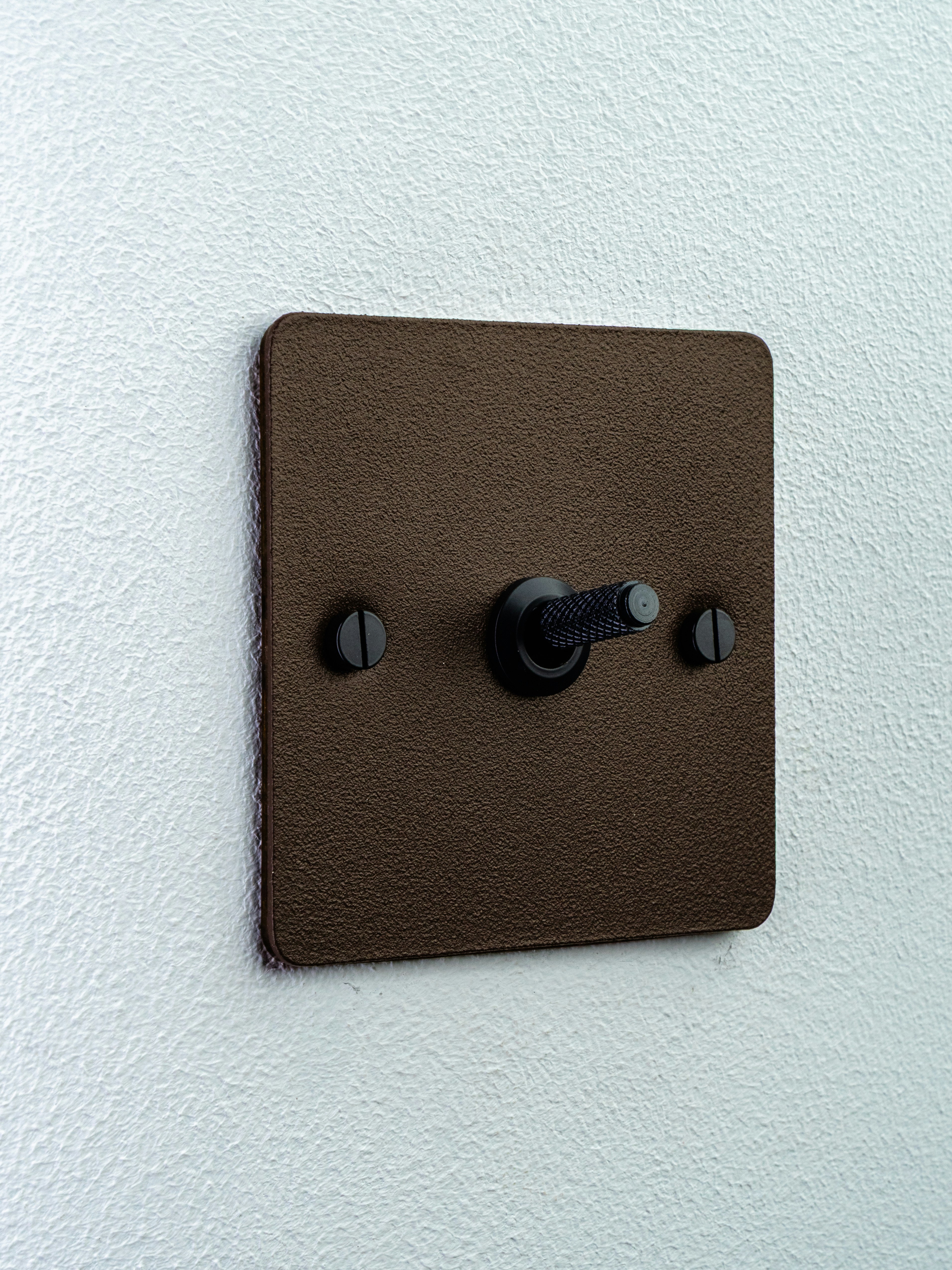 Textured bronze wall plate with a central toggle switch mounted on a pale wall. The concise close-up emphasizes material detail and hardware design. This is a photographed hardware detail.
