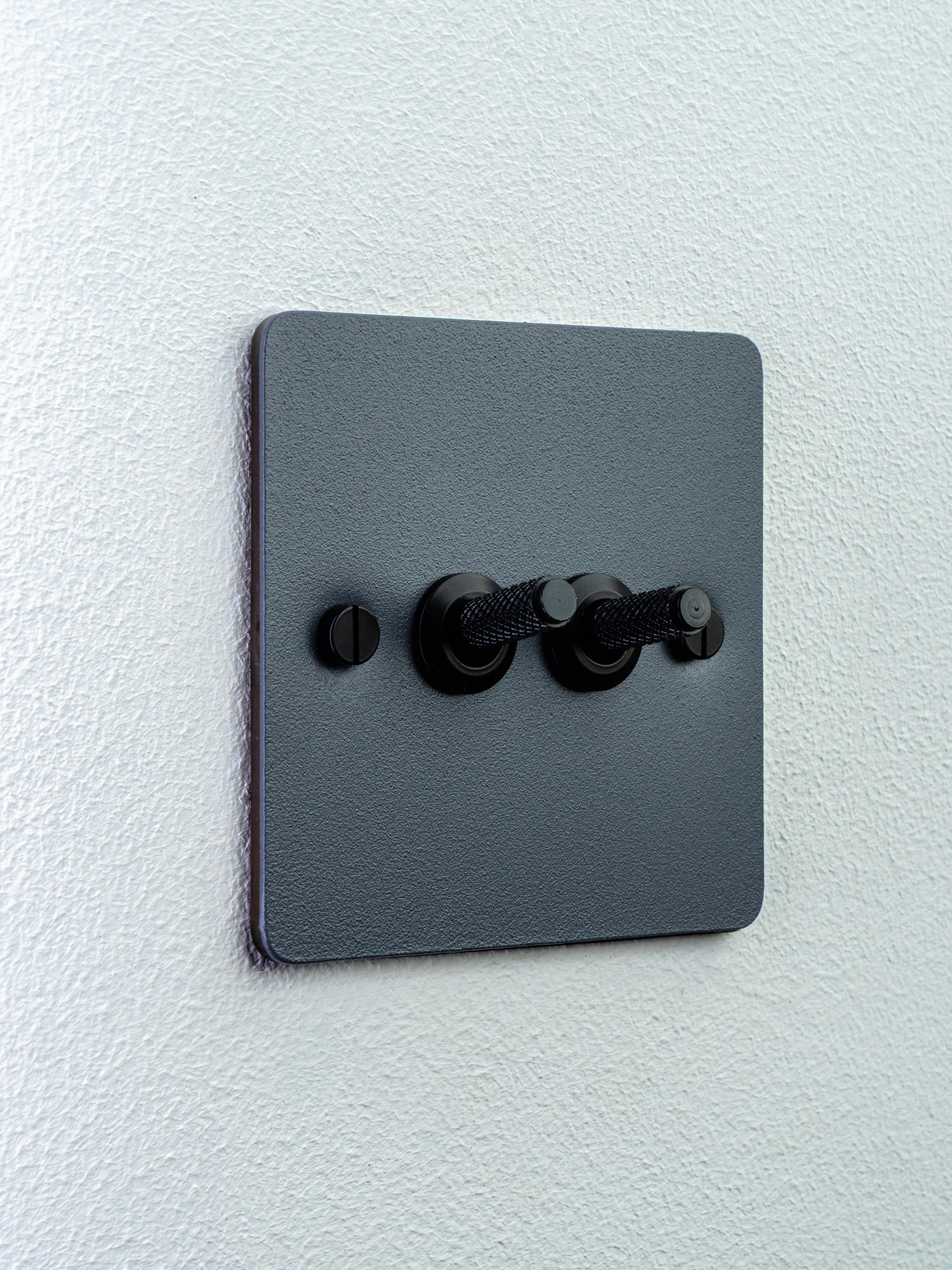 Industrial wall switch panel: a textured gray plate with two braided rocker levers