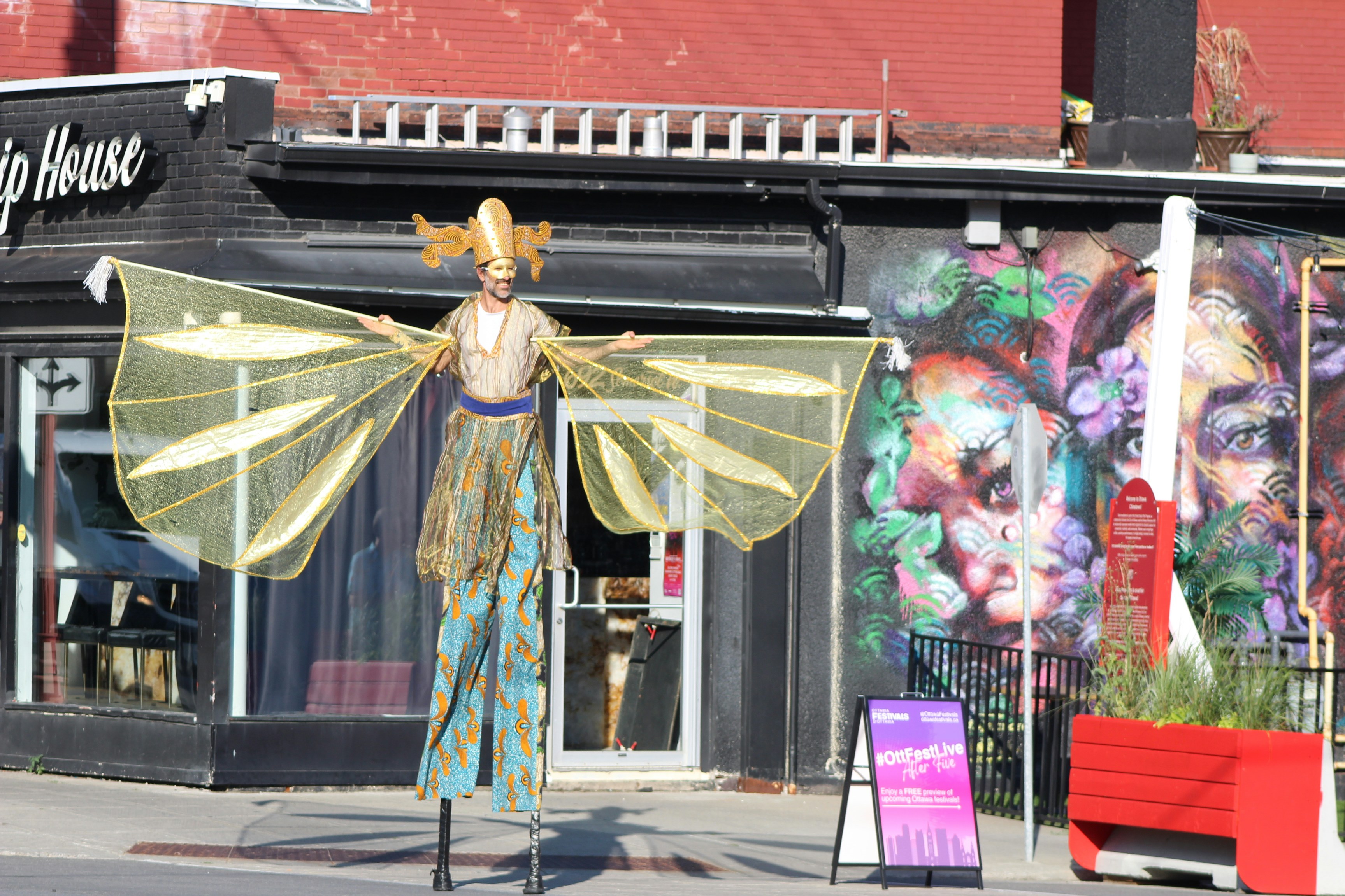 Winged Harlequin on a Sunlit Street Stage
