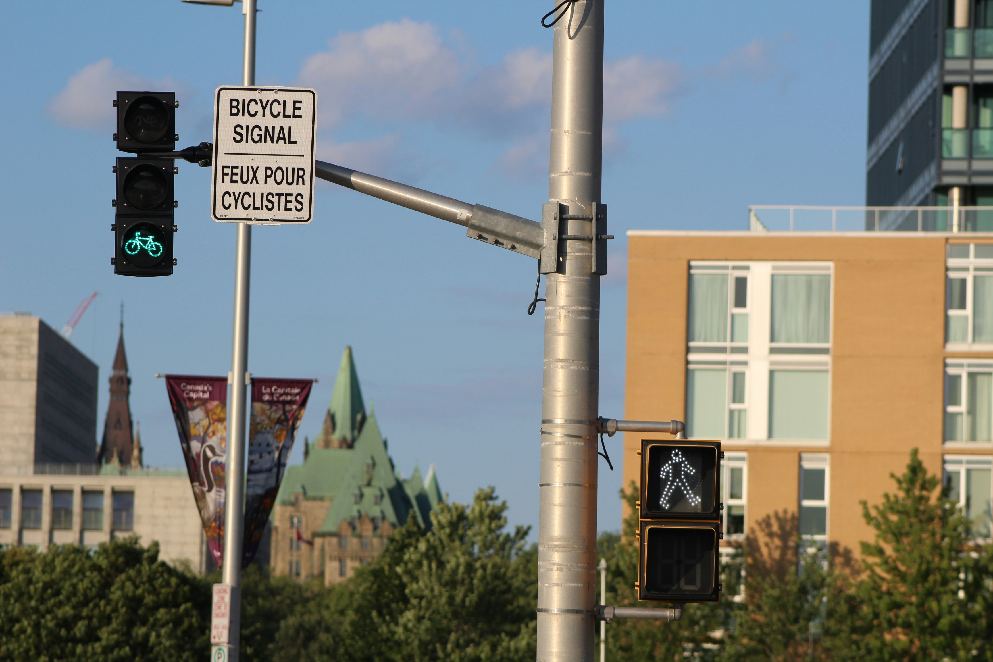 Signals and Pedestrian Crossing: Urban Intersection underscored by a bicycle sign