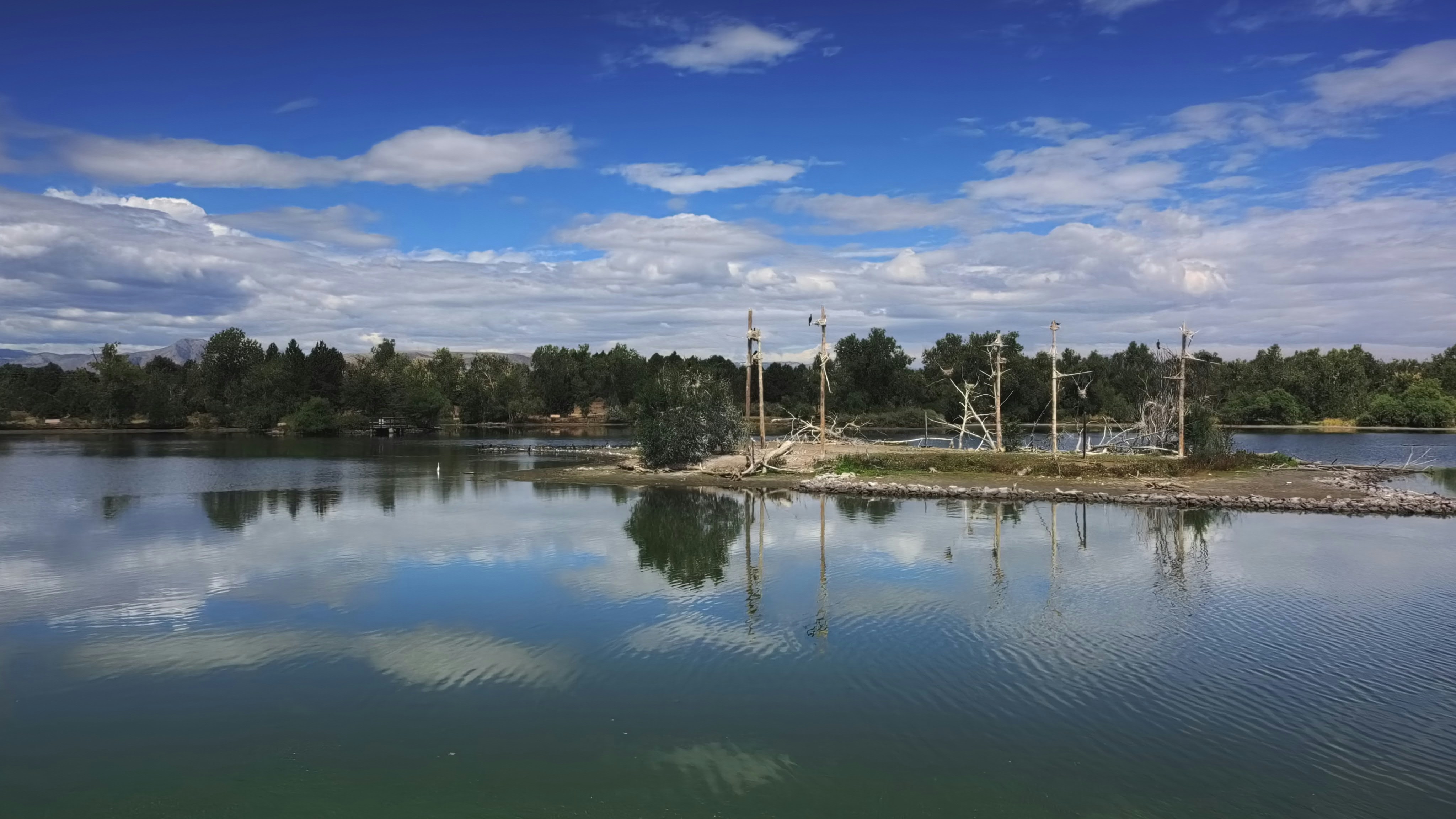 Calm river reflecting a blue sky with scattered clouds and a line of bare trees along the bank; the scene emphasizes stillness and natural serenity in a wide landscape. This is a natural photo, not an illustration or painting.