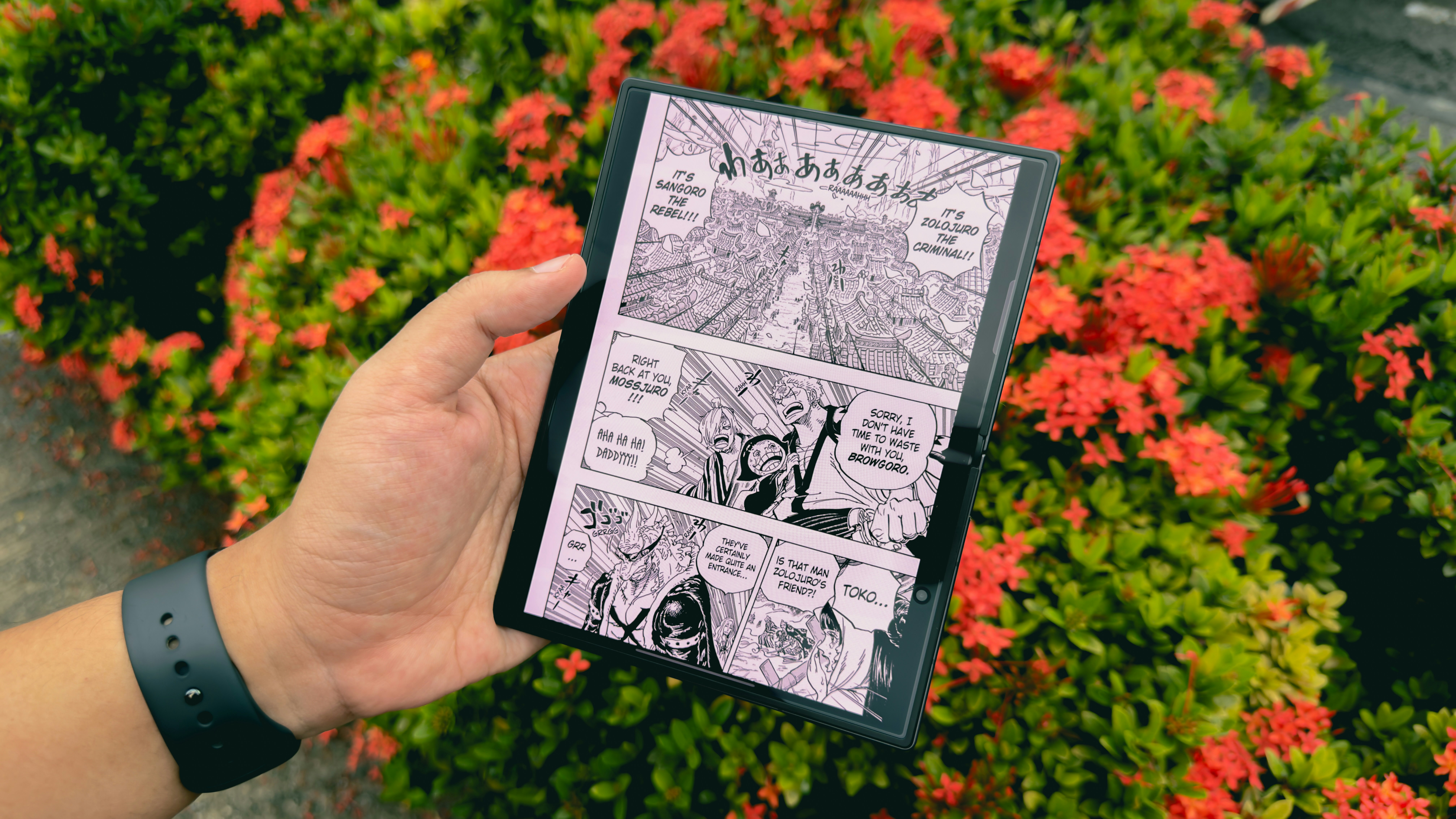 Comic in Hand: A Portrait of Quiet Focus Among Spring Blooms