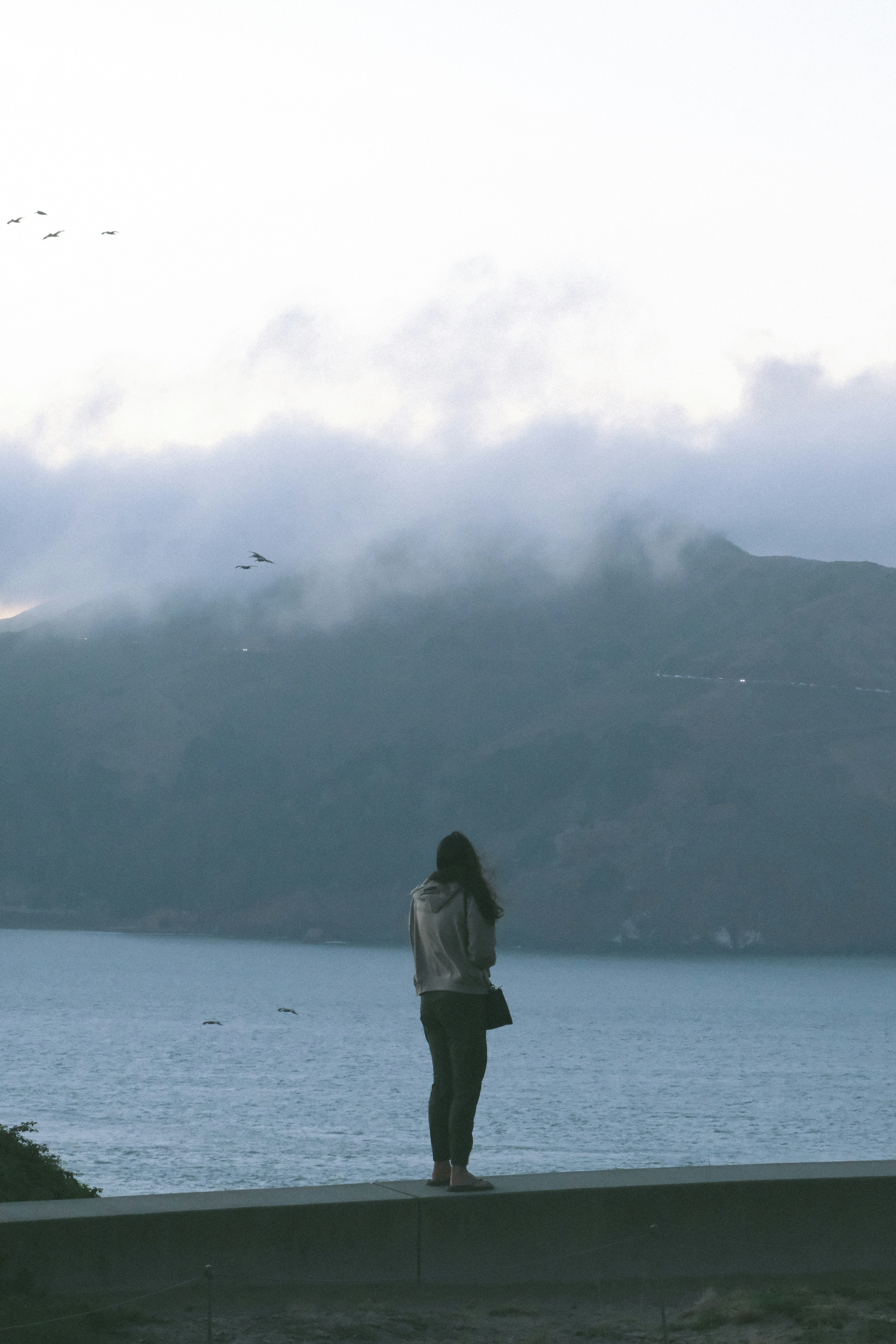 Breaker by the Bay: A lone figure on the seawall beneath misty cliffs