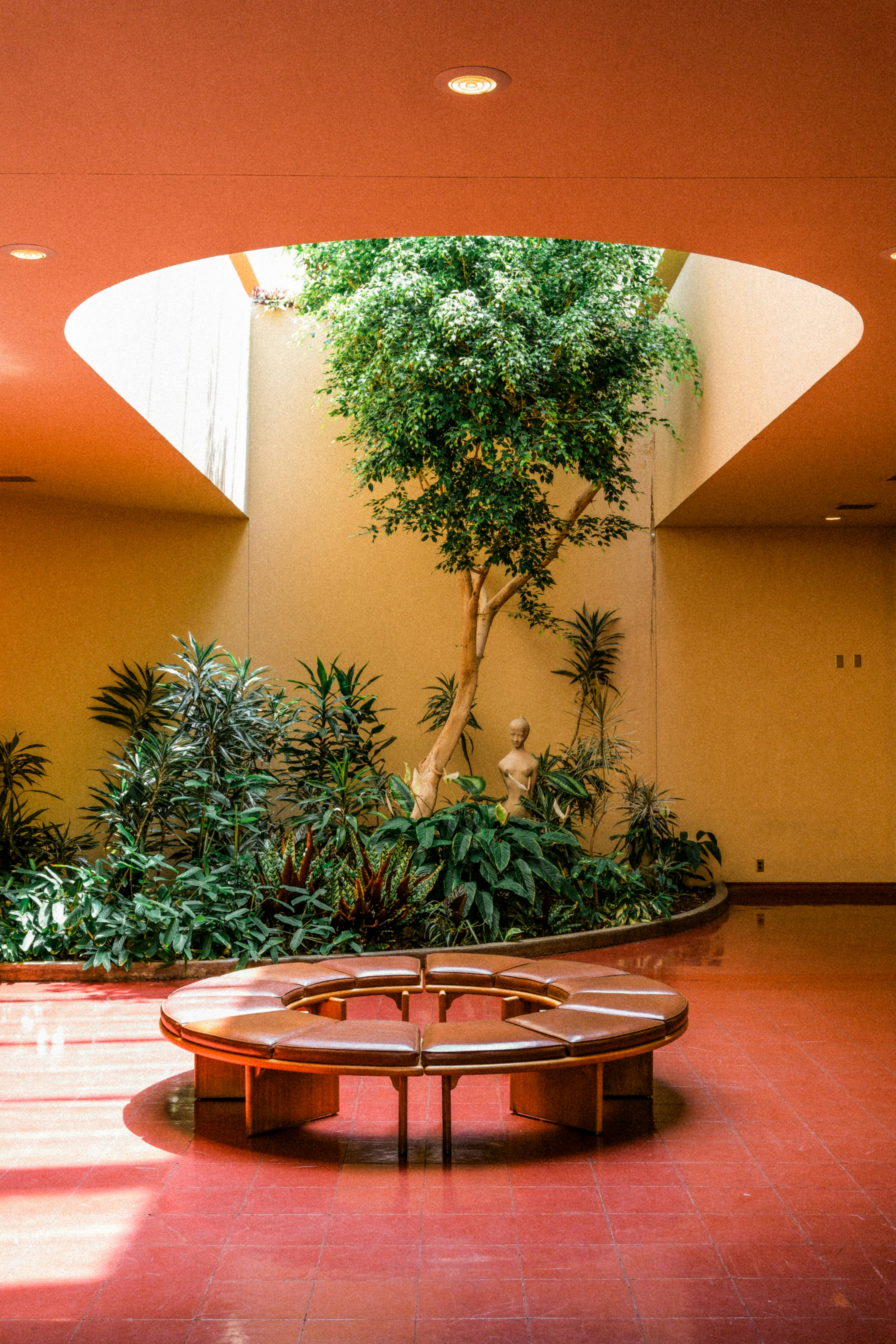 Indoor Oasis: A Circular Bench Framing a Lush Atrium Garden