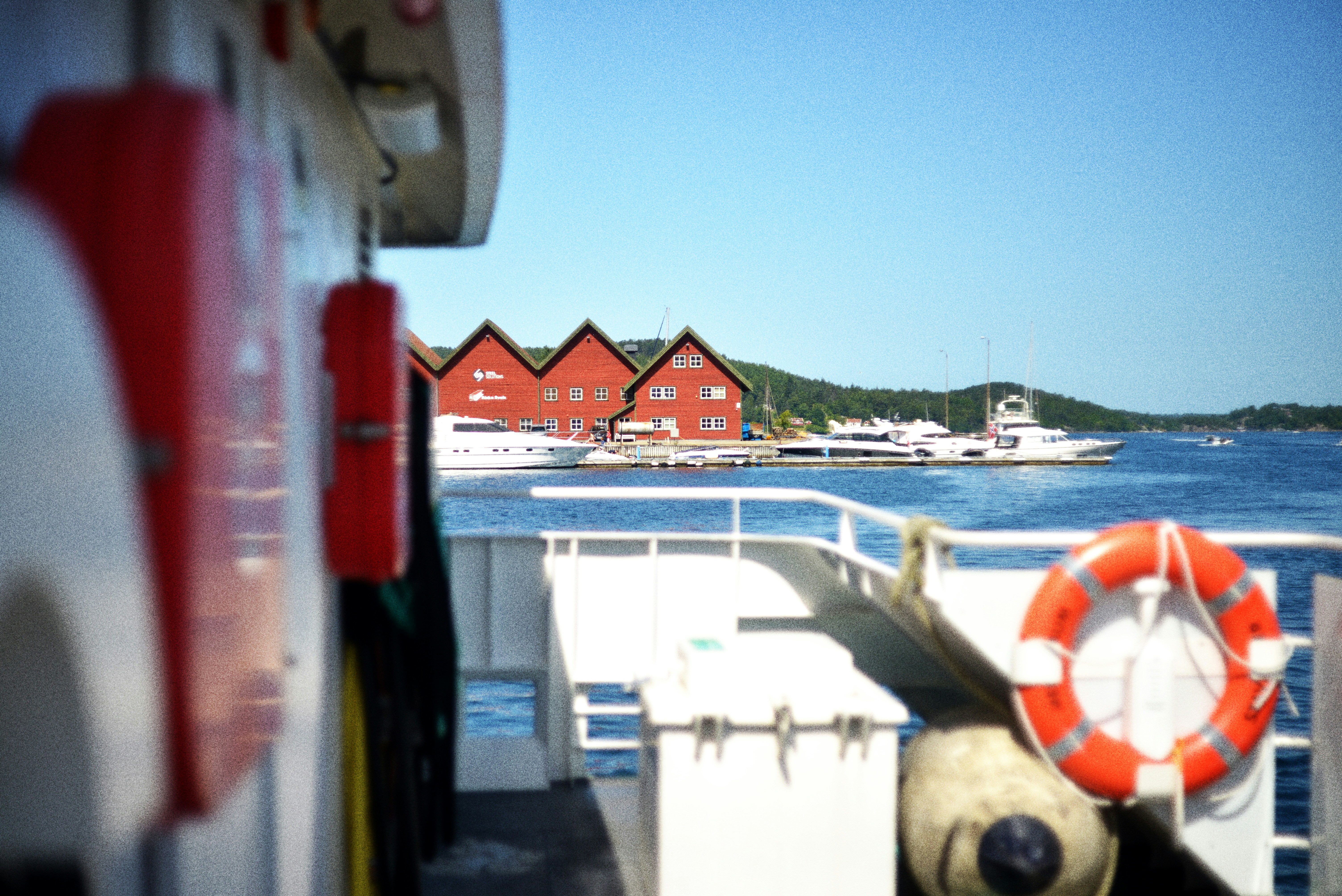 Harbor Row: Red-Shingled Schoolhouses Framing a Quiet Sea