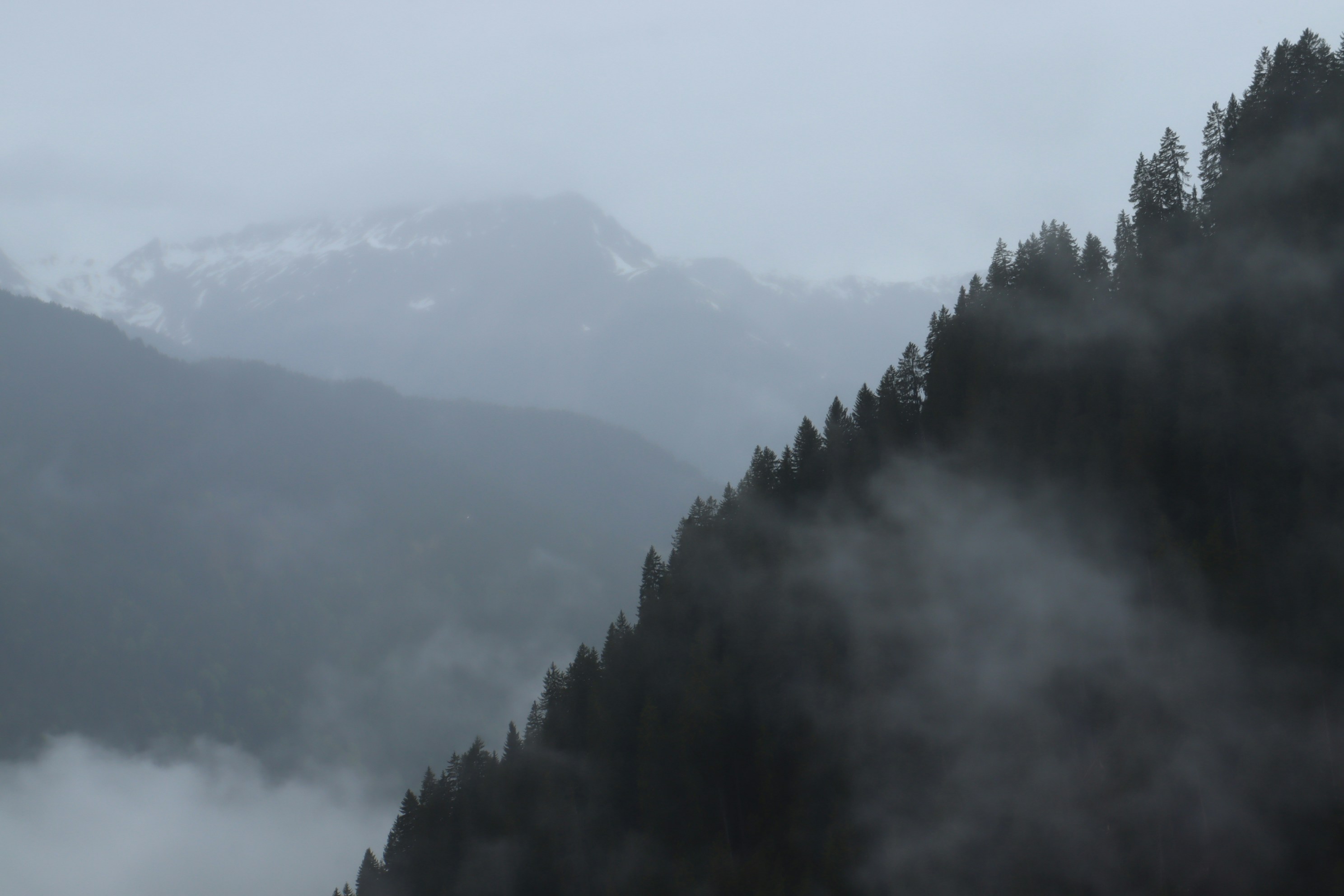 Mist-pressed Ridge: A Quiet Valley Beneath Snowy Peaks