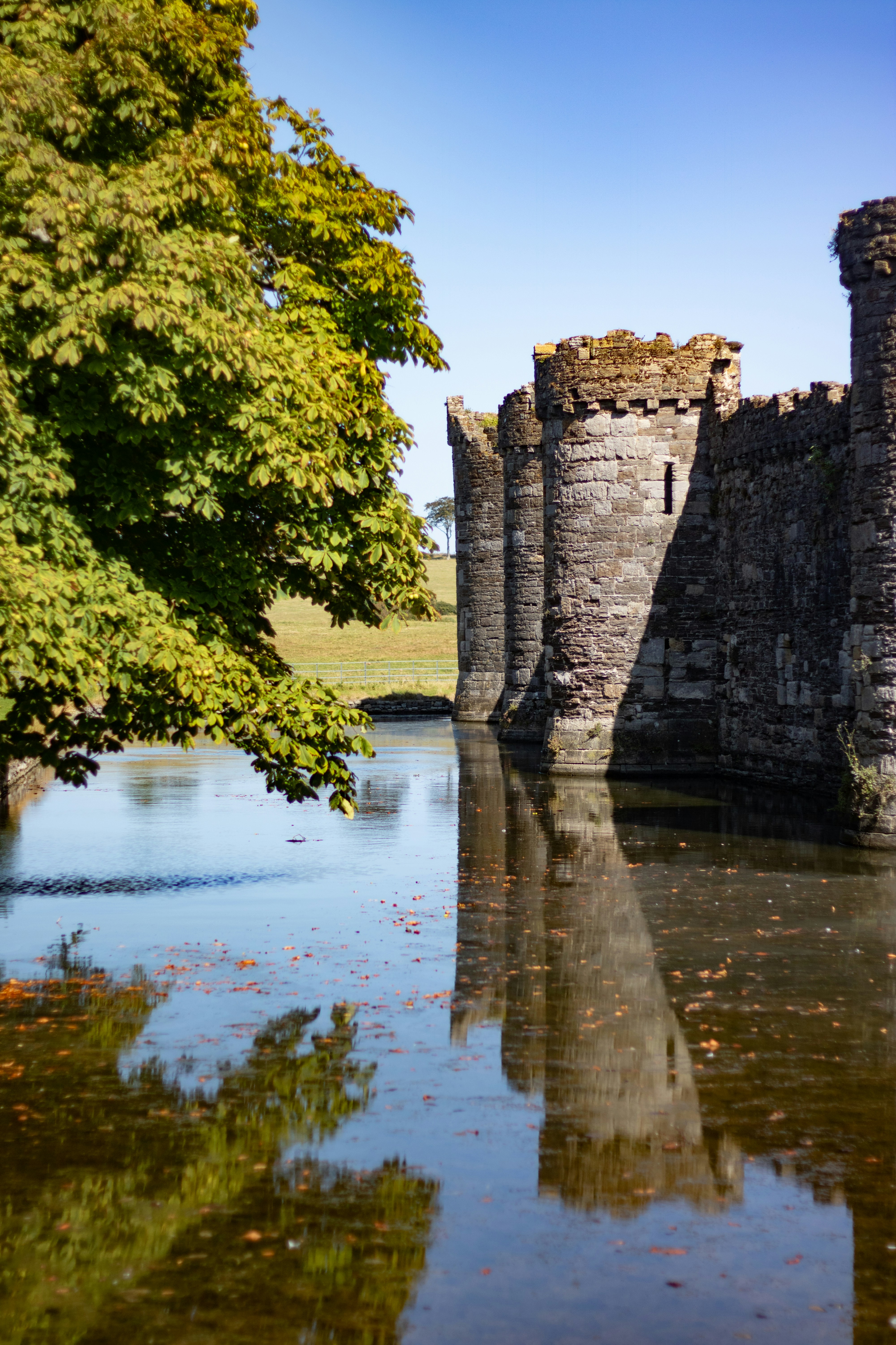Ruins in Reflection: A Tranquil River Surrounded by Green and Stone