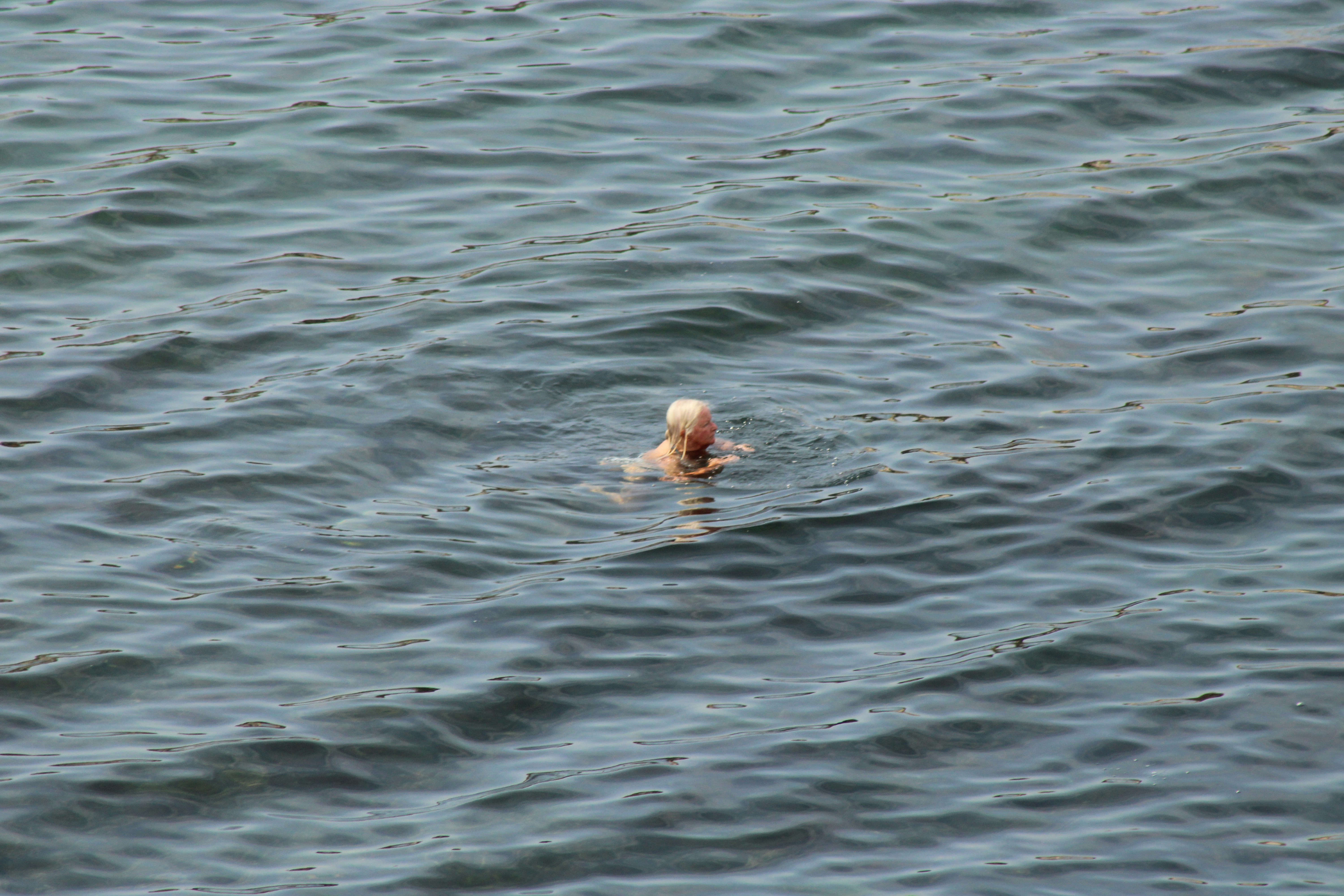Distant swimmer amid rolling blue-green currents