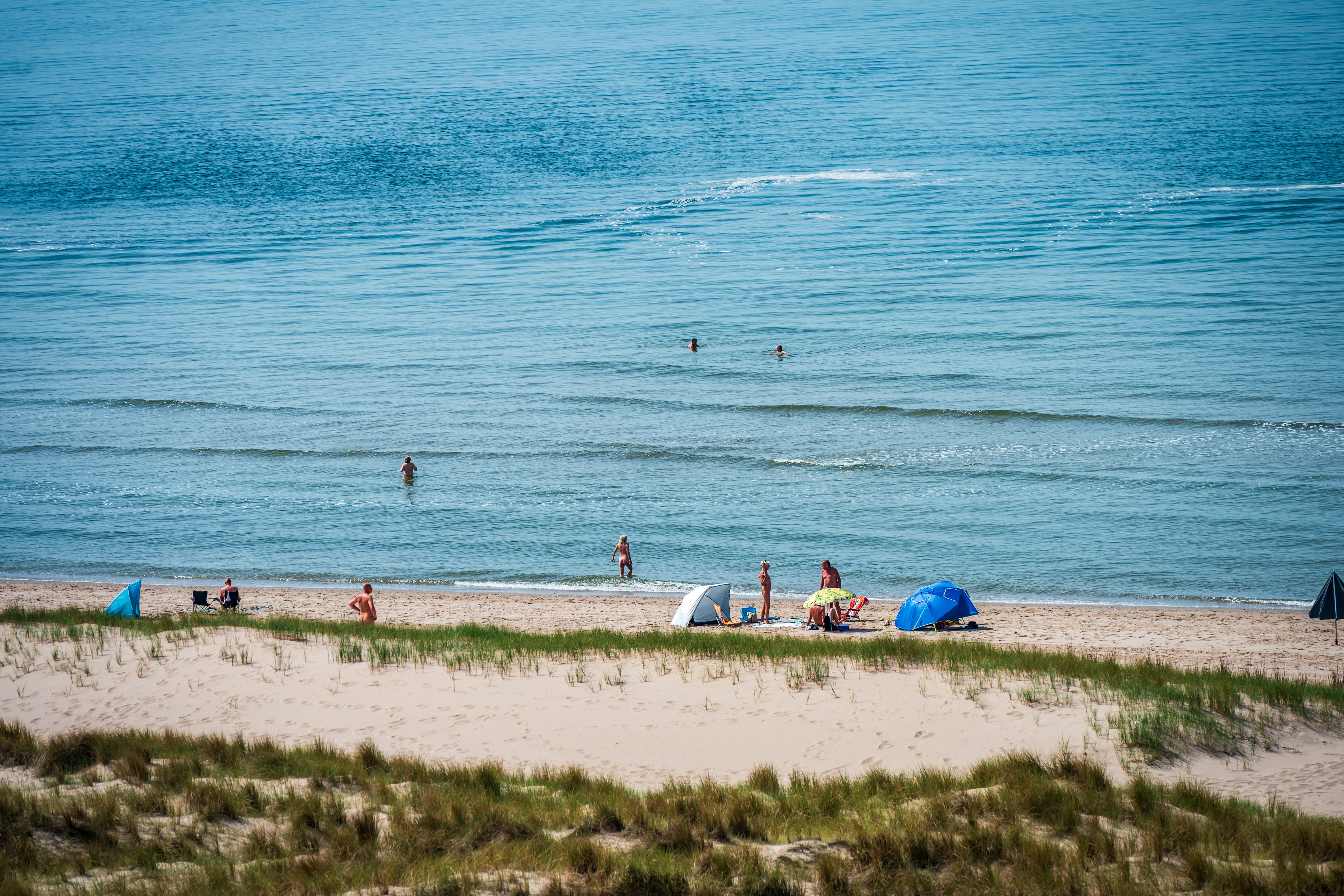 Sunlit Strand: swimmers and tents dot the calm shoreline