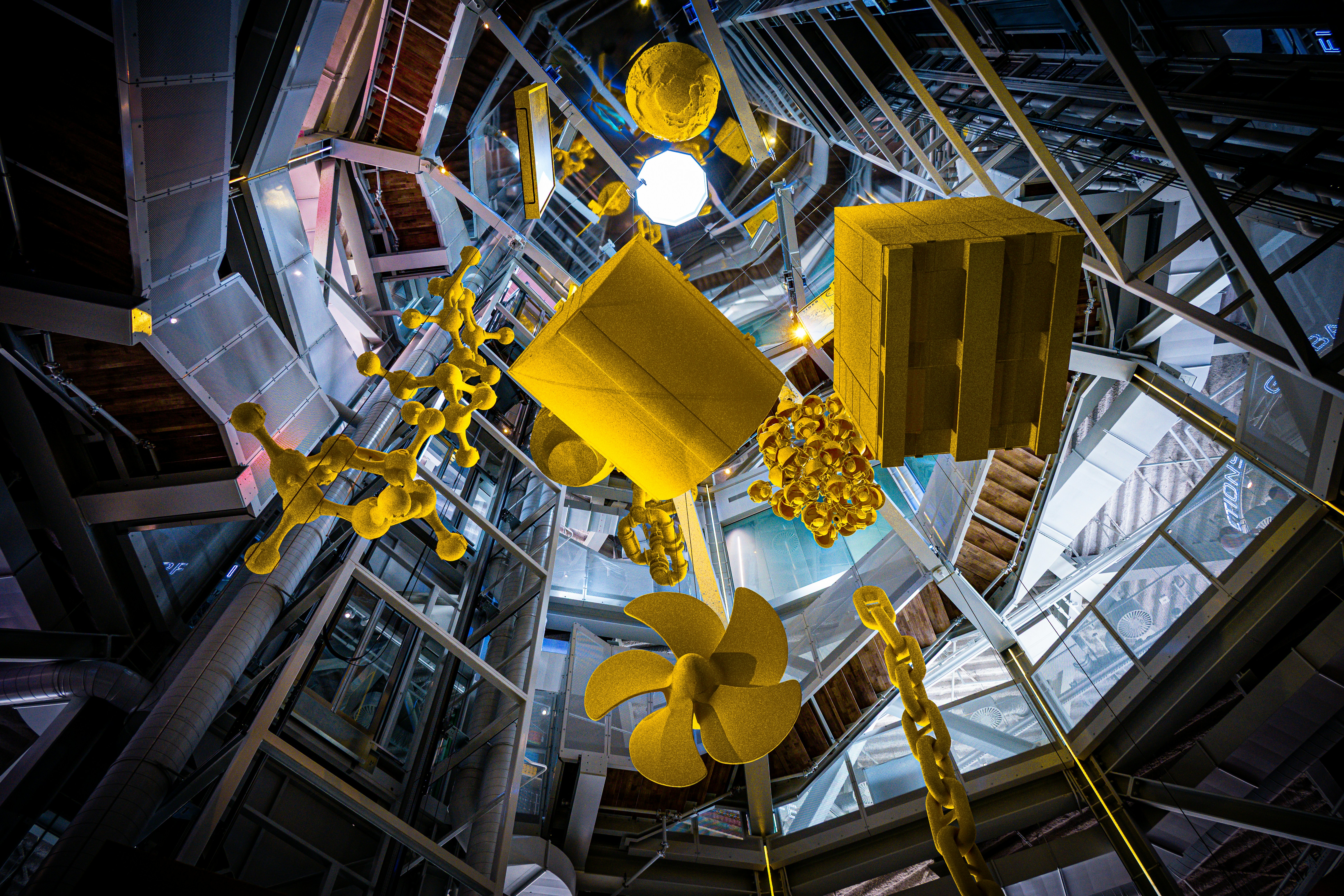 Yellow Geometry in a Glass Atrium