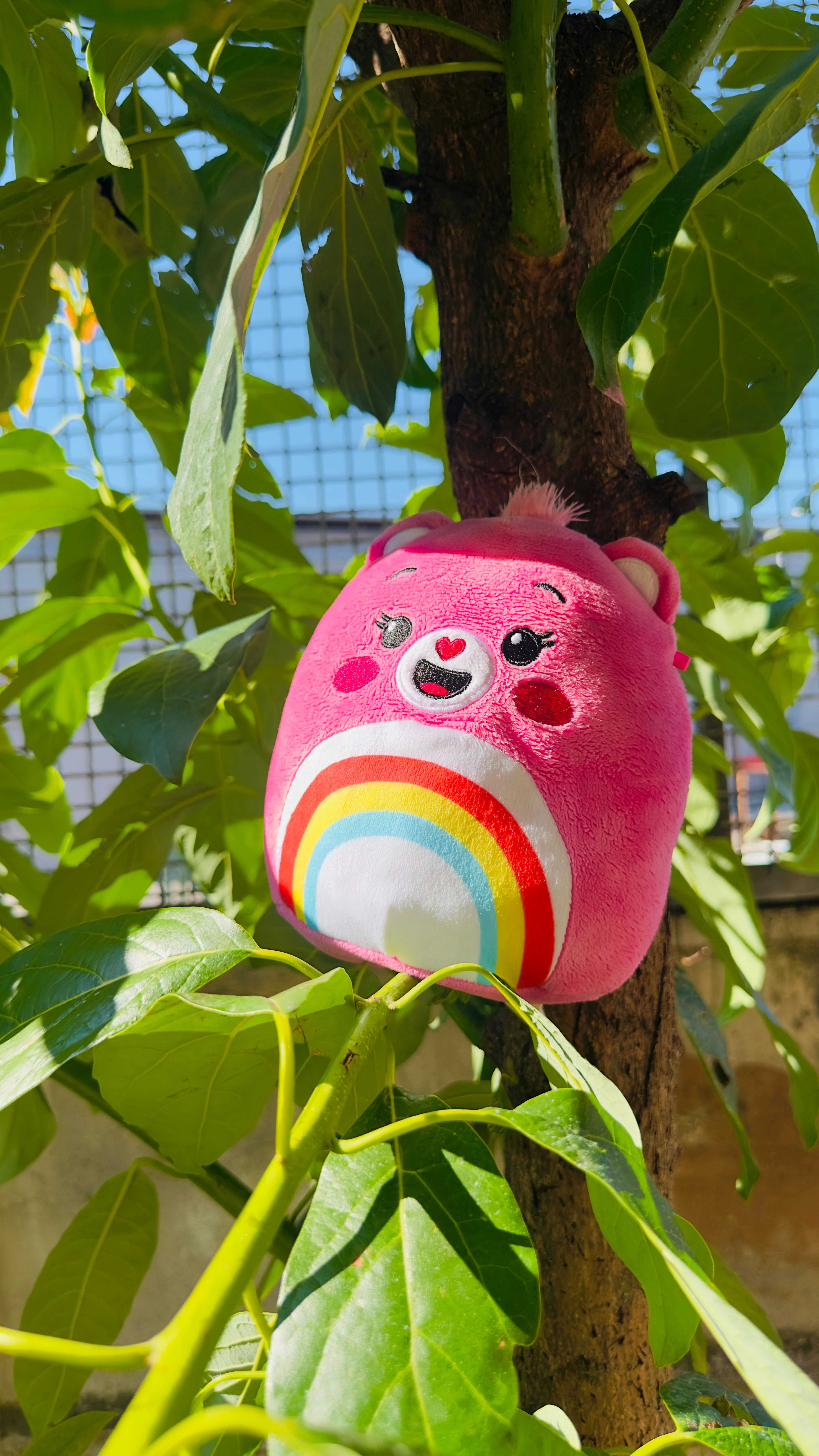 Bright pink plush bear with rainbow belly tucked in a tree branch among green leaves; a playful focal point in a sunny garden scene. This is a textile toy, not a live animal.