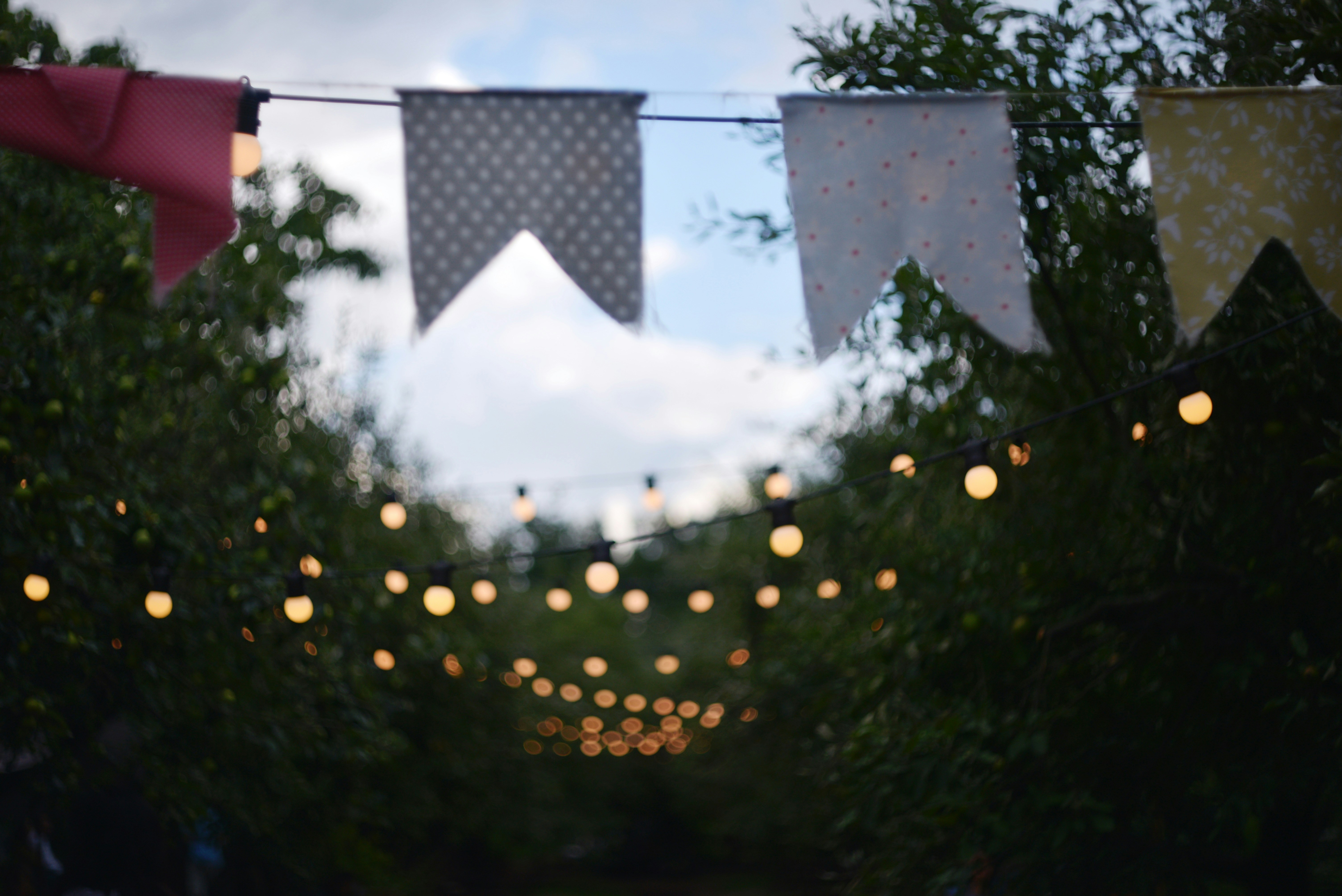 String of festive pennants over bokeh lights in a moonlit garden