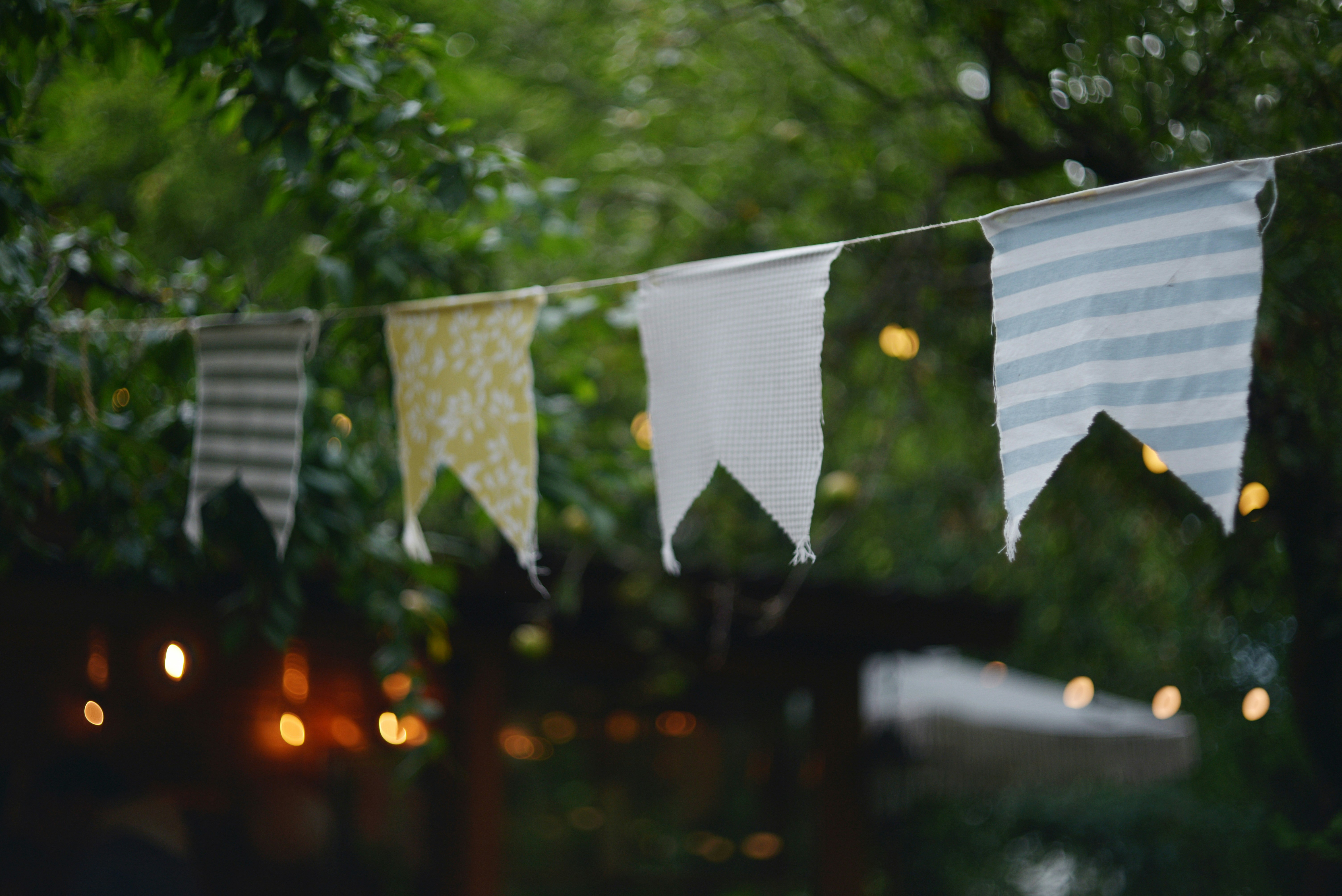 Soft Bunting Glow: Evening Flags in a Quiet Garden