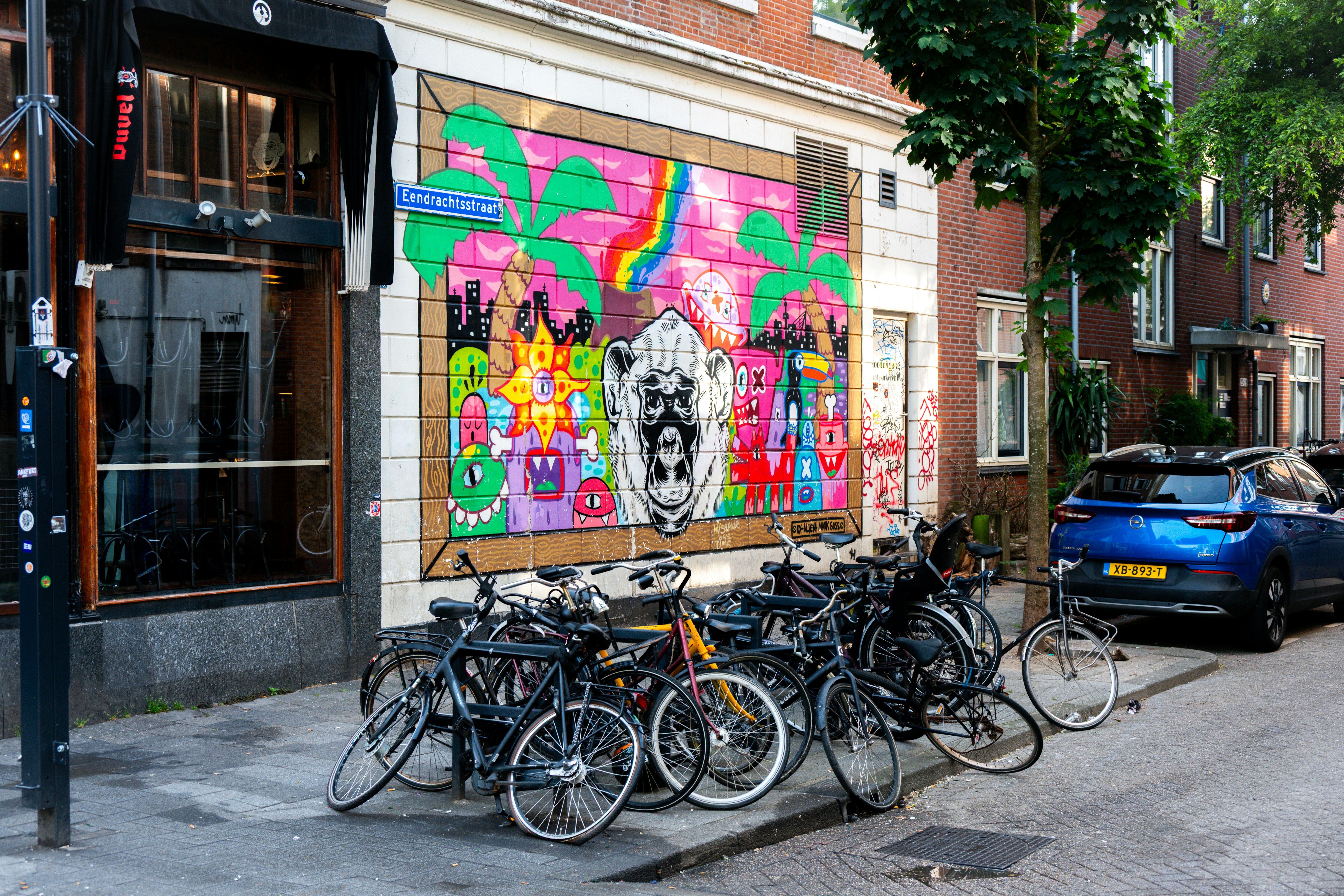 Graffiti Wall Meets City Street: Bikes, Bloom and Bright Mascots