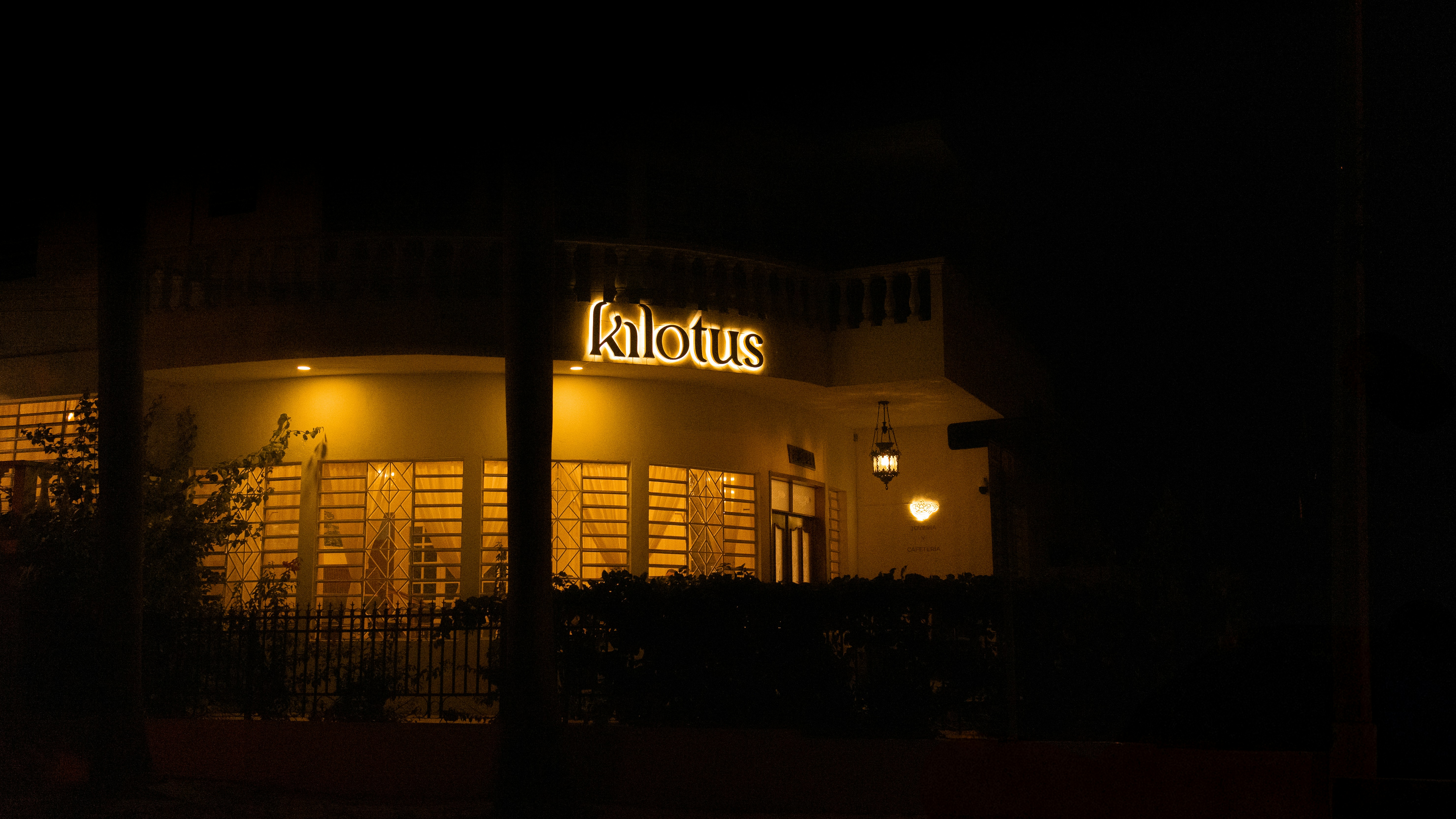 Neon Kilotus: Warm Café Glow Beneath Nighttime Shadows
