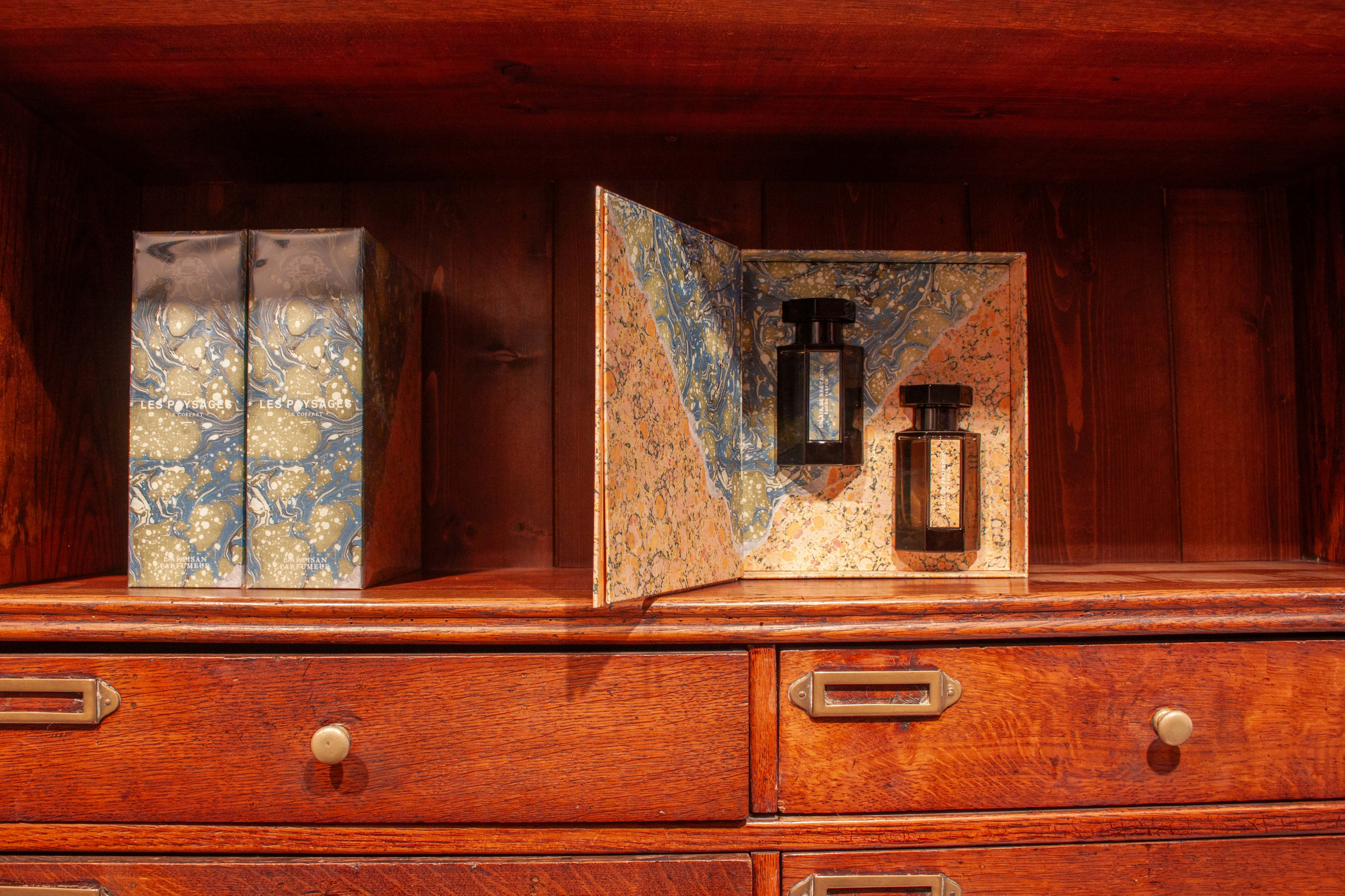 Vintage Apothecary Symmetry: Blue Marbled Boxes Meet Glass Bottles