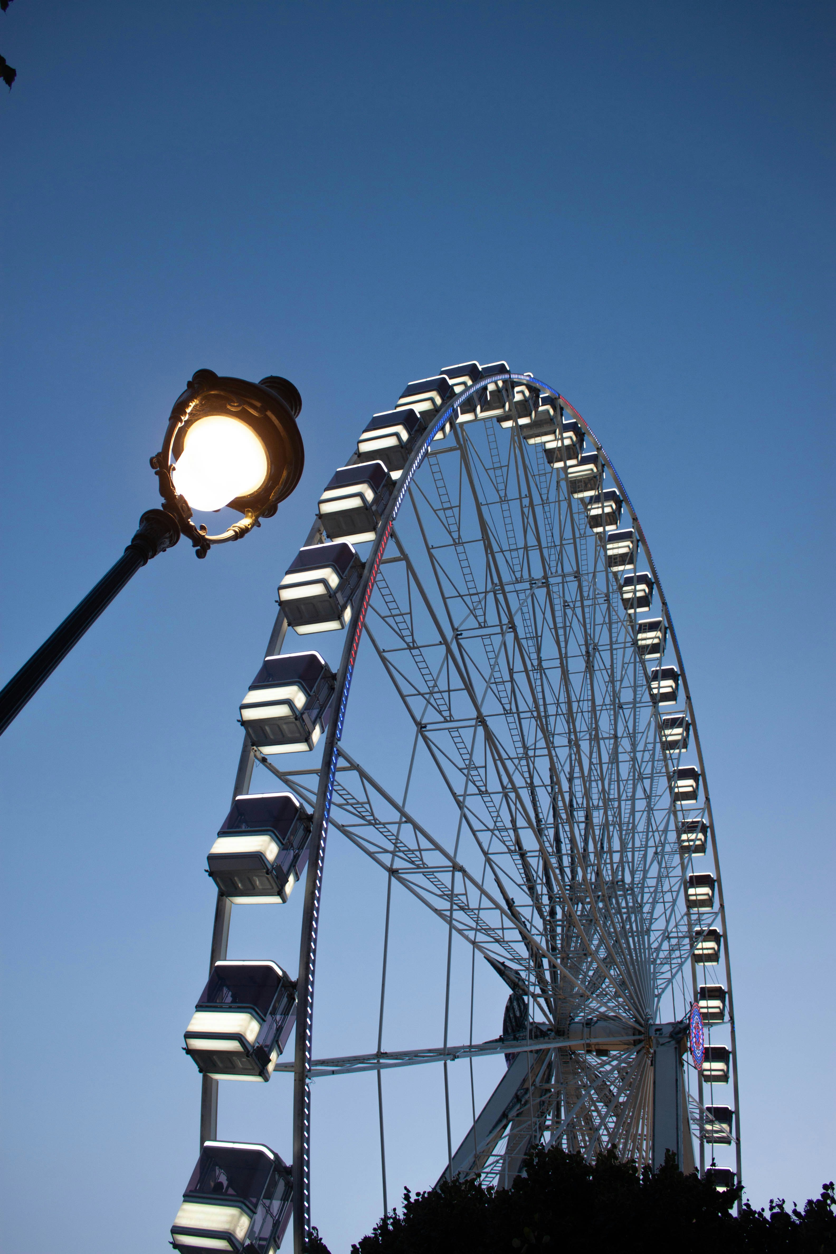 Giant Ferris Wheel Illuminates a Quiet Evening Sky beside a Glowing Lamp