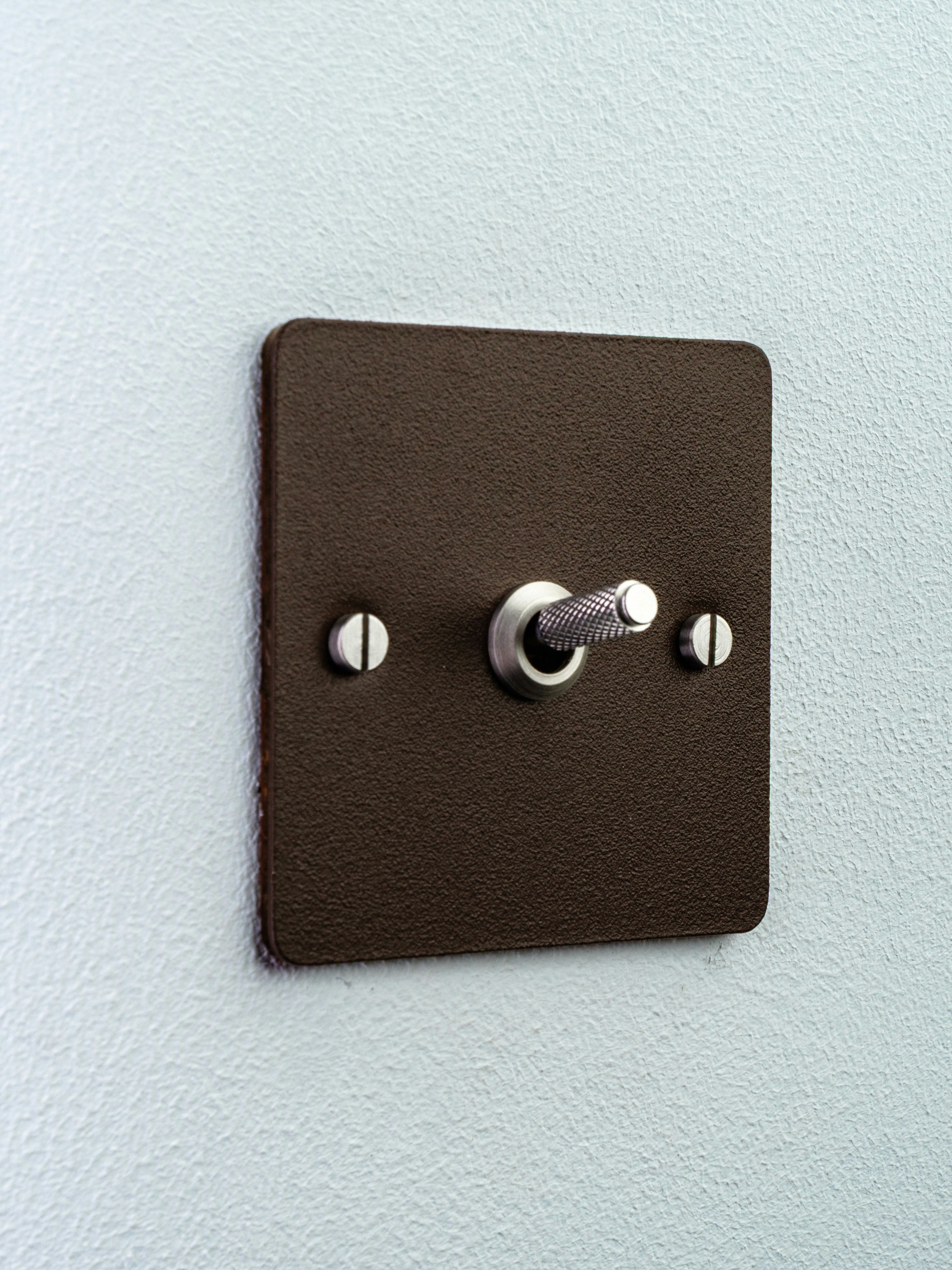 A close-up of a metallic toggle switch mounted on a pale blue textured wall, with a dark brown square plate and two small screws flanking the handle.