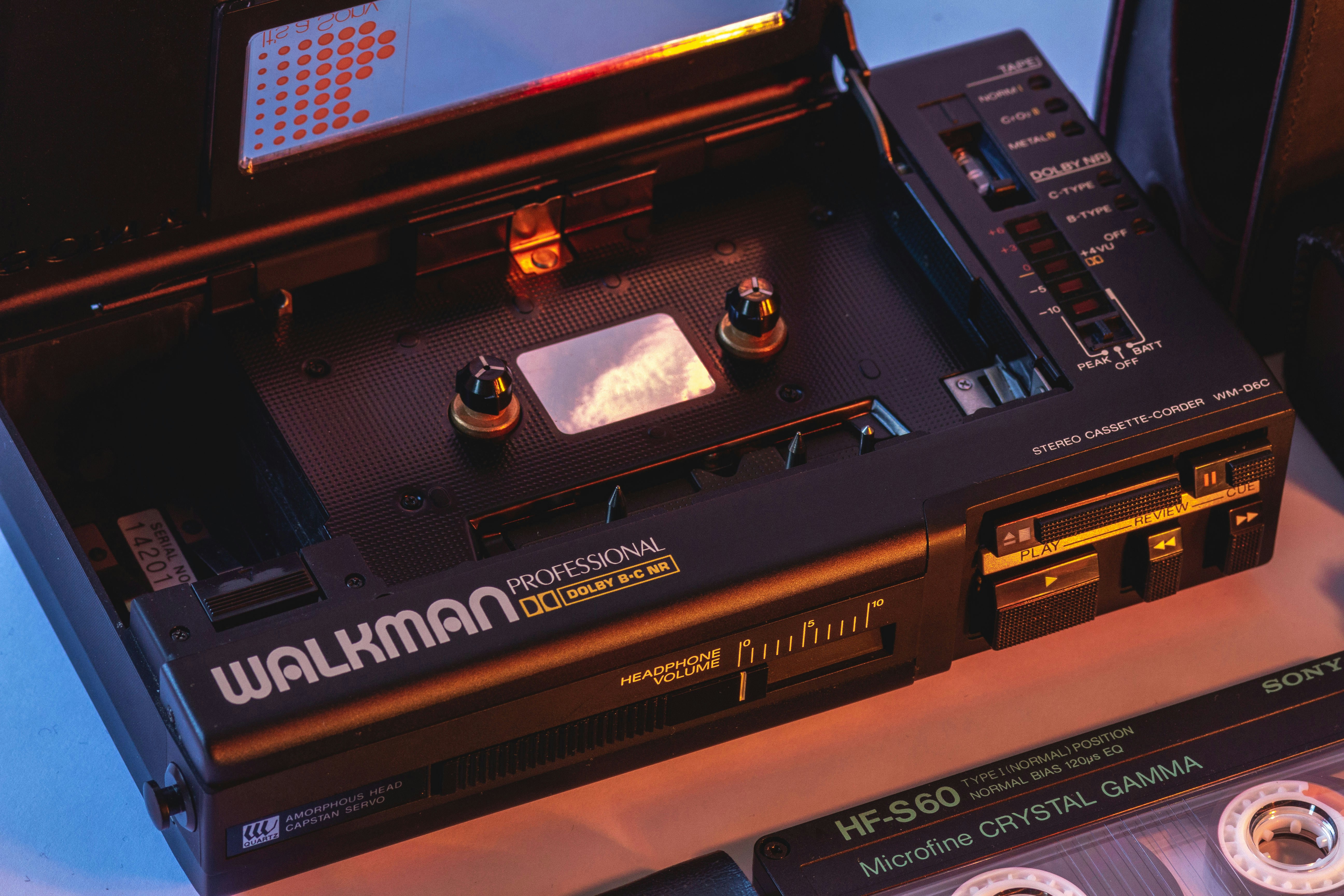 Walkman Pro Master: A Glass-Fronted Vintage Tape Deck in a Studio Still