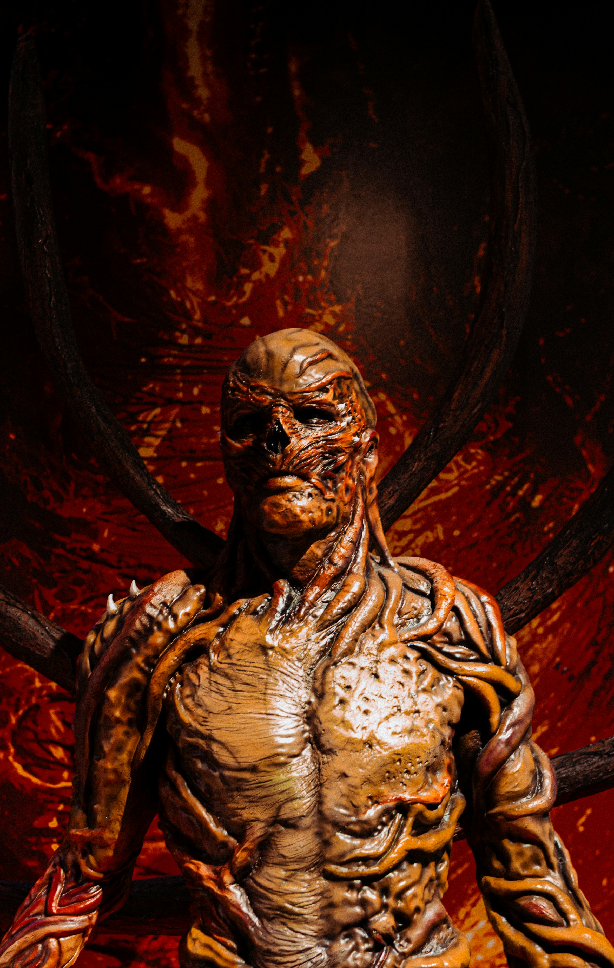 Infernal Figure Emerges: Hellish Armor in a Fiery Backdrop