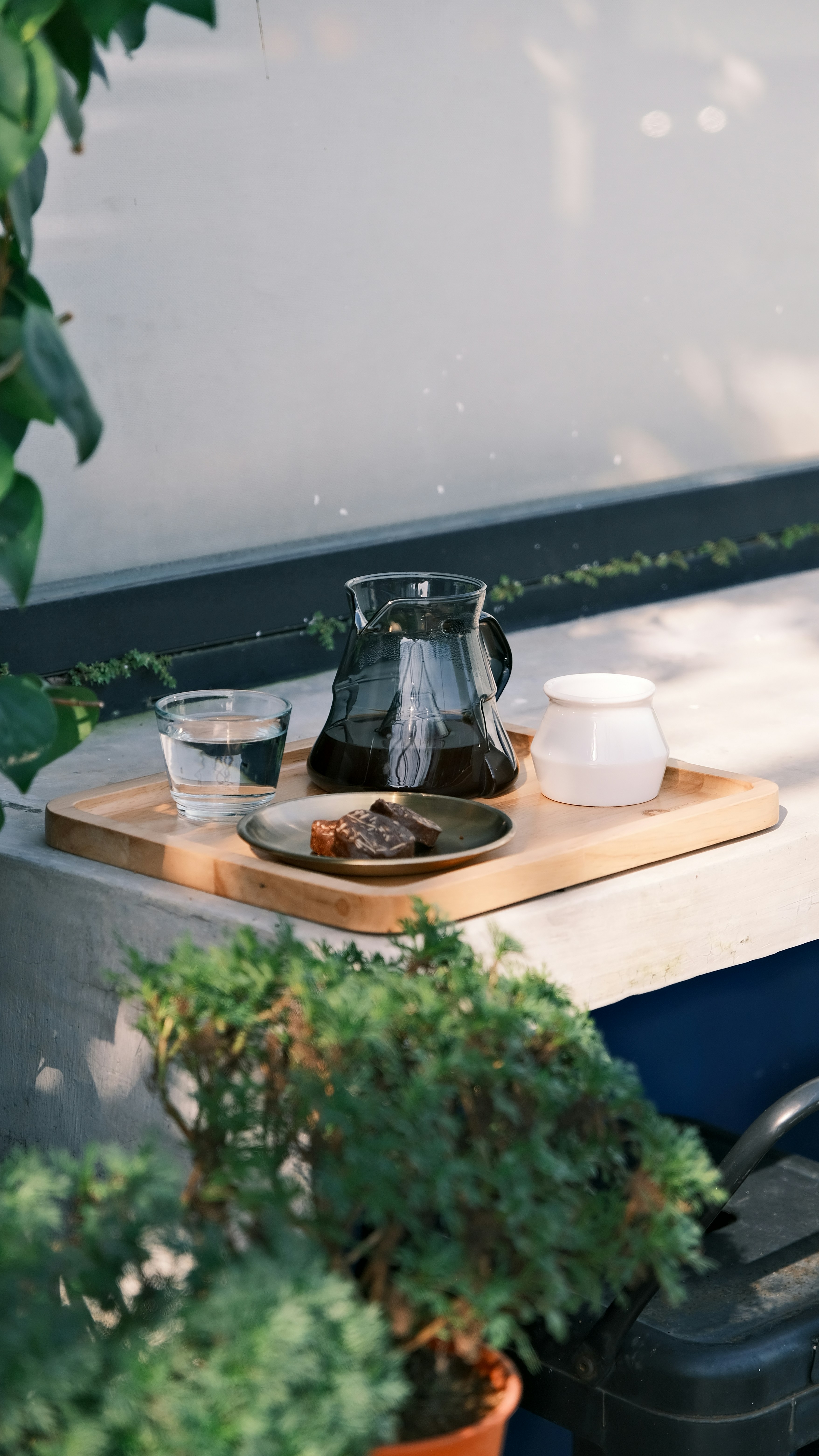A Quiet Tea Tray on a Sunlit Concrete Nook