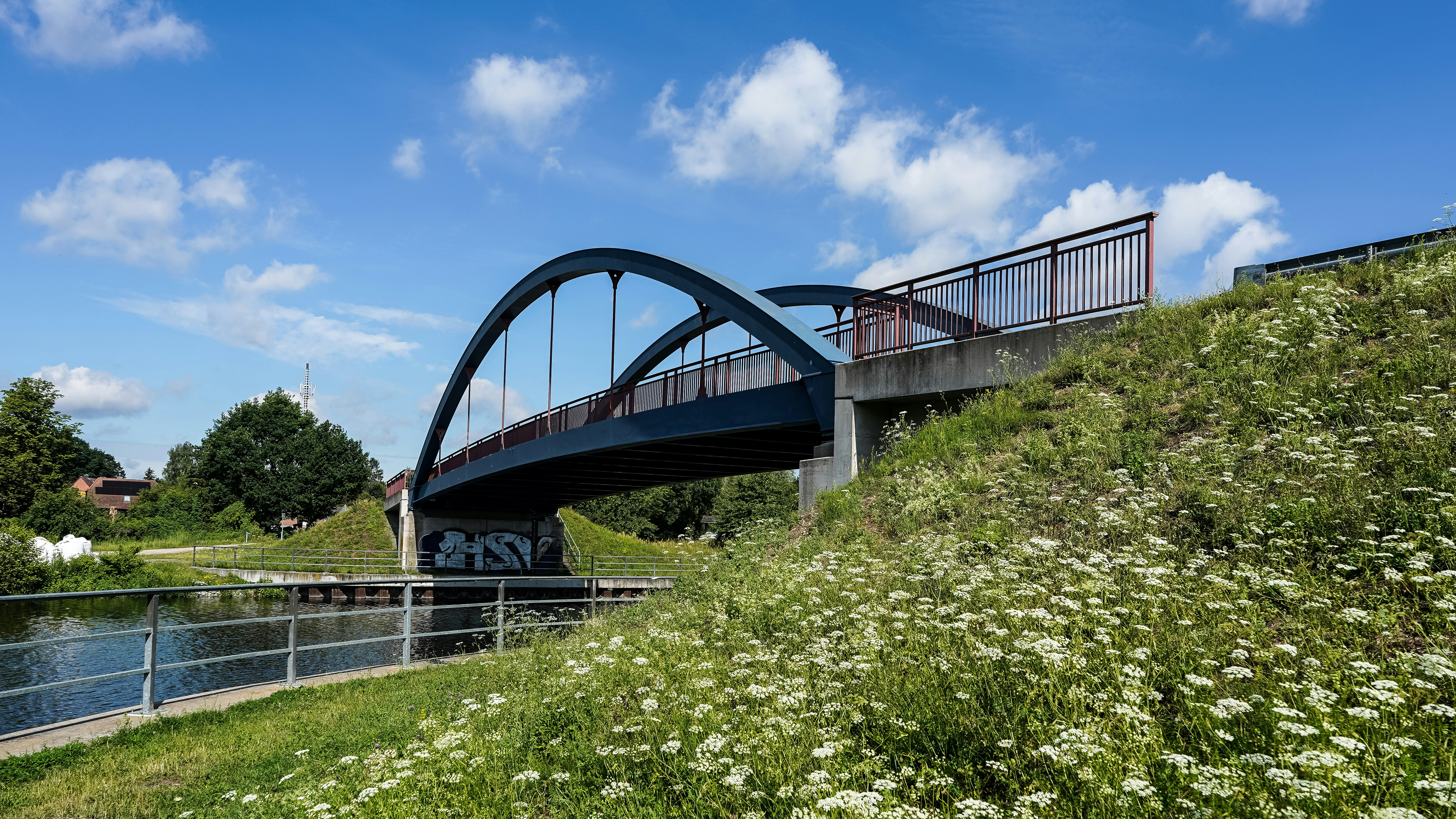 Arched Bridge over a Riverside Meadow