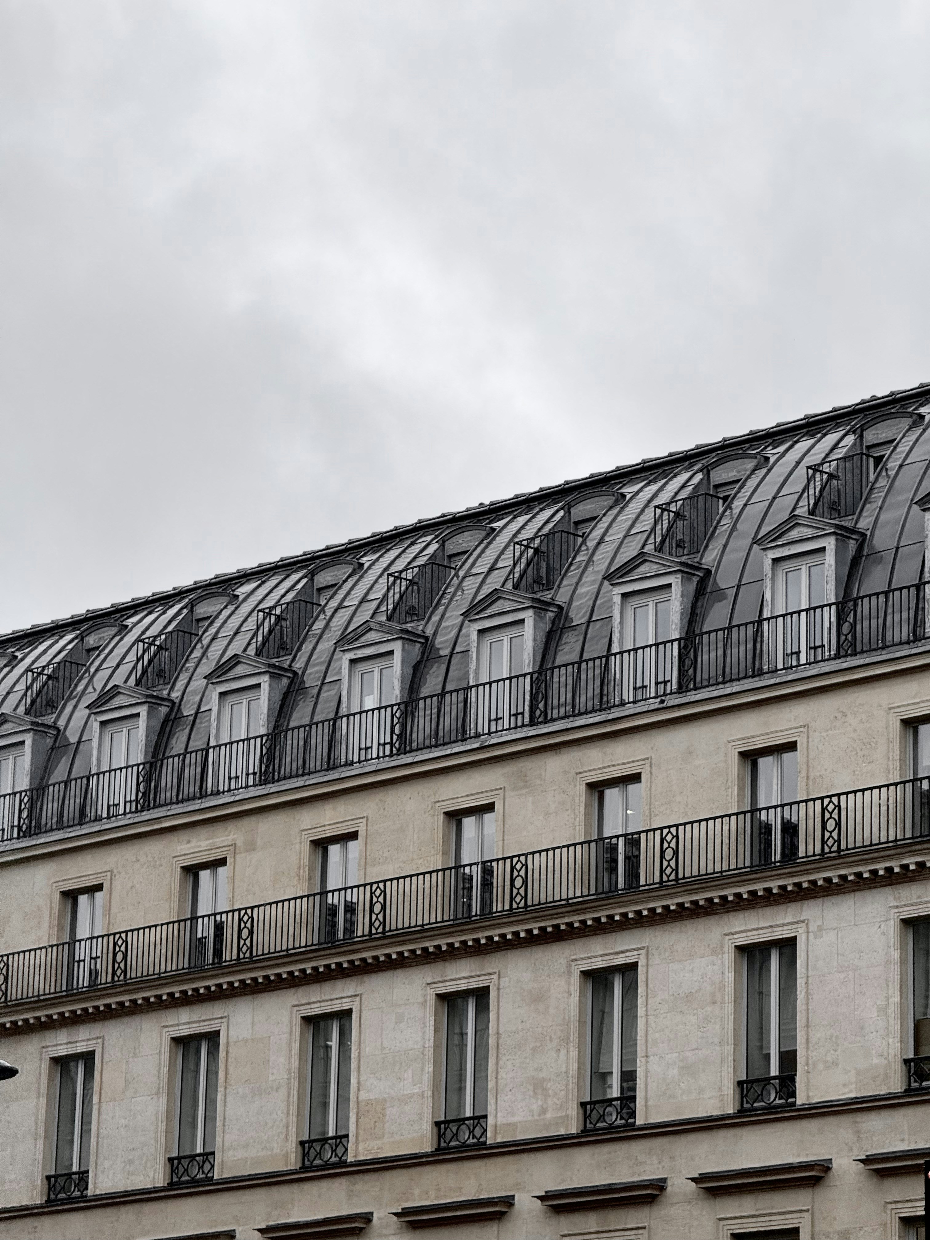 Concrete and stone building with repeating dormer windows along a steep mansard roof, captured in muted daylight to emphasize texture and architectural rhythm.
