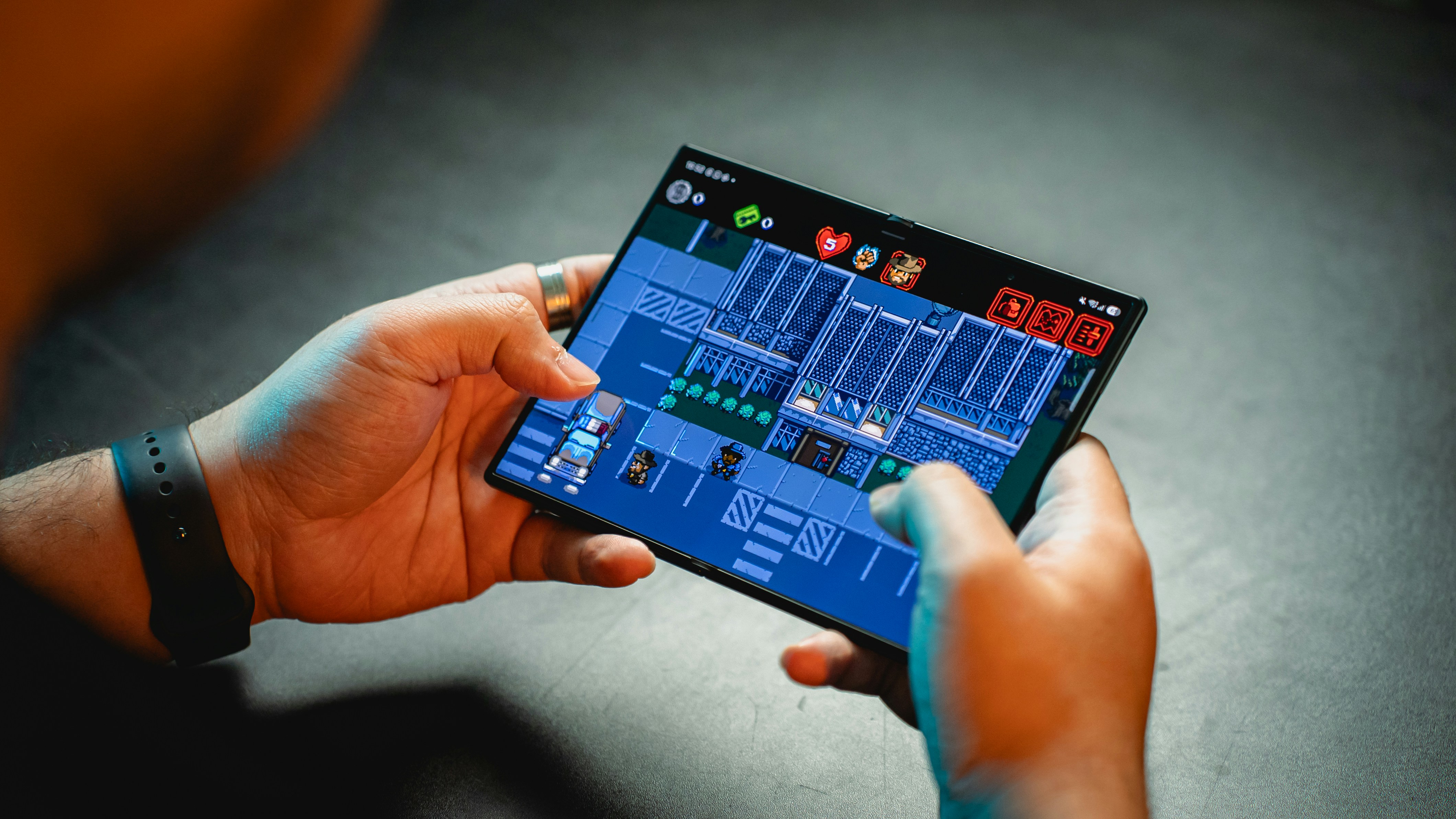 Pocket-sized Console in Action: Digital Play in Hand