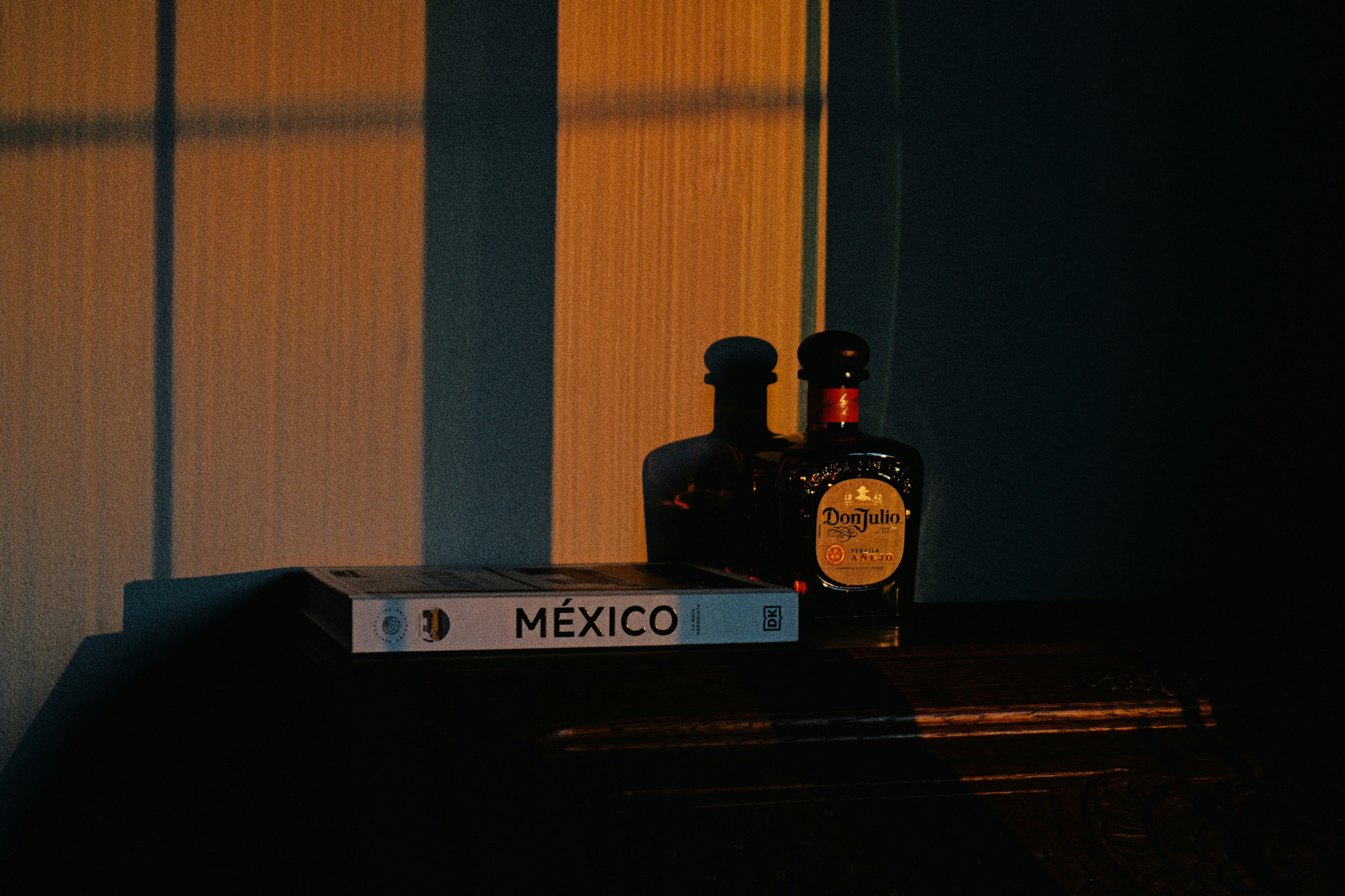 Quiet Still Life: Bottles and Book in Shadowed Corner