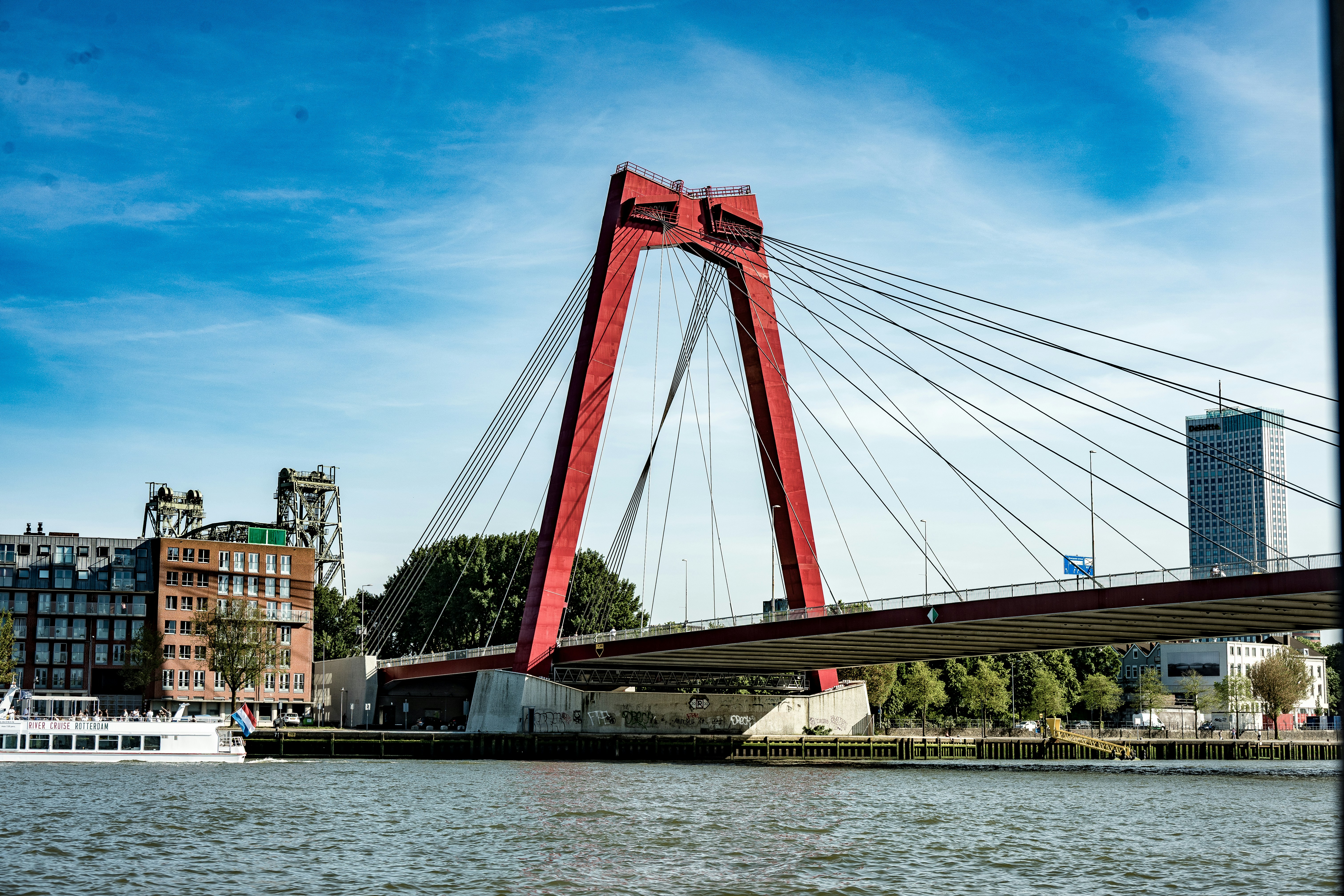 Crimson Arc: The Red Cable-Stayed Bridge Over the Rhine