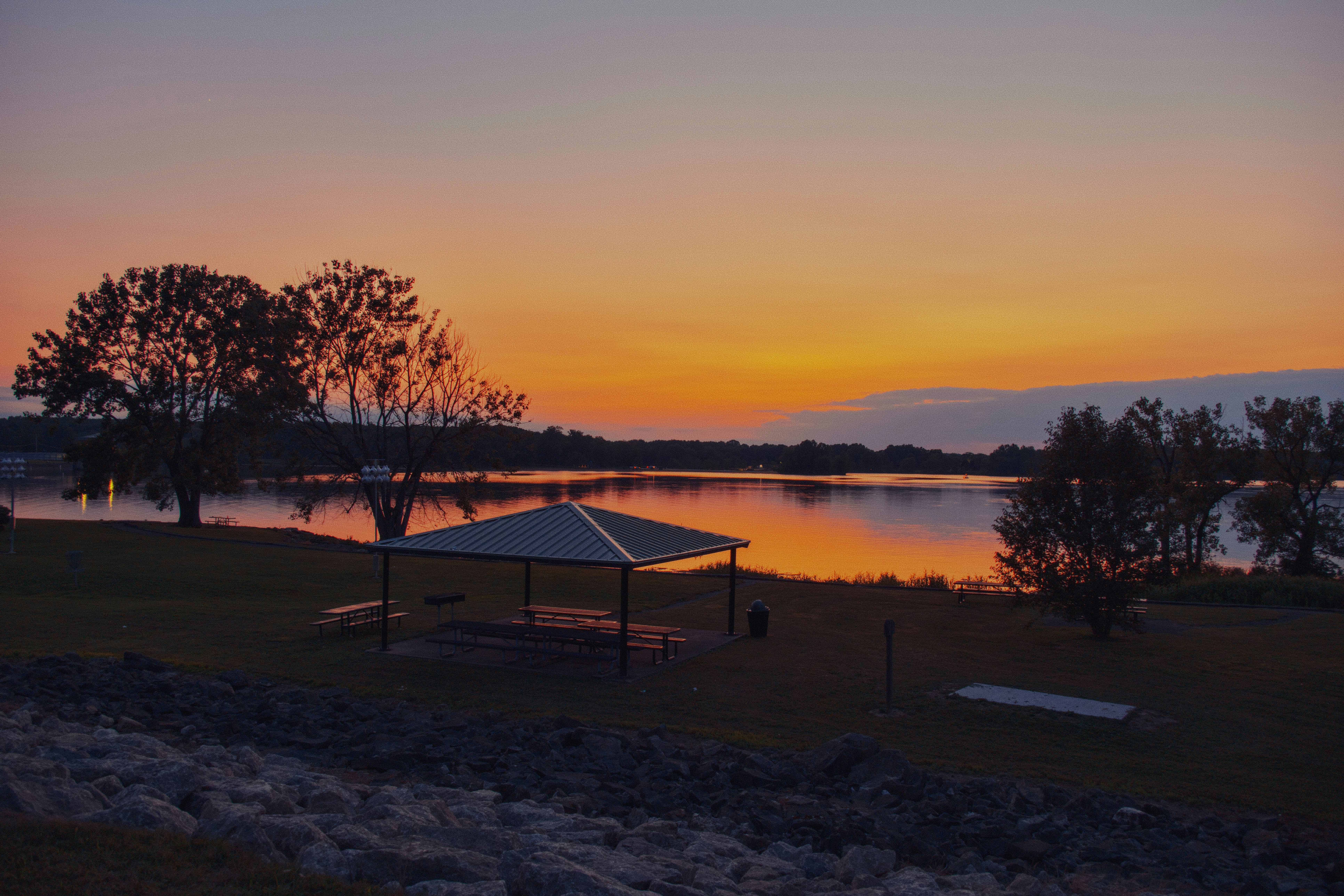 Sunset Reflections by the Riverside Gazebo