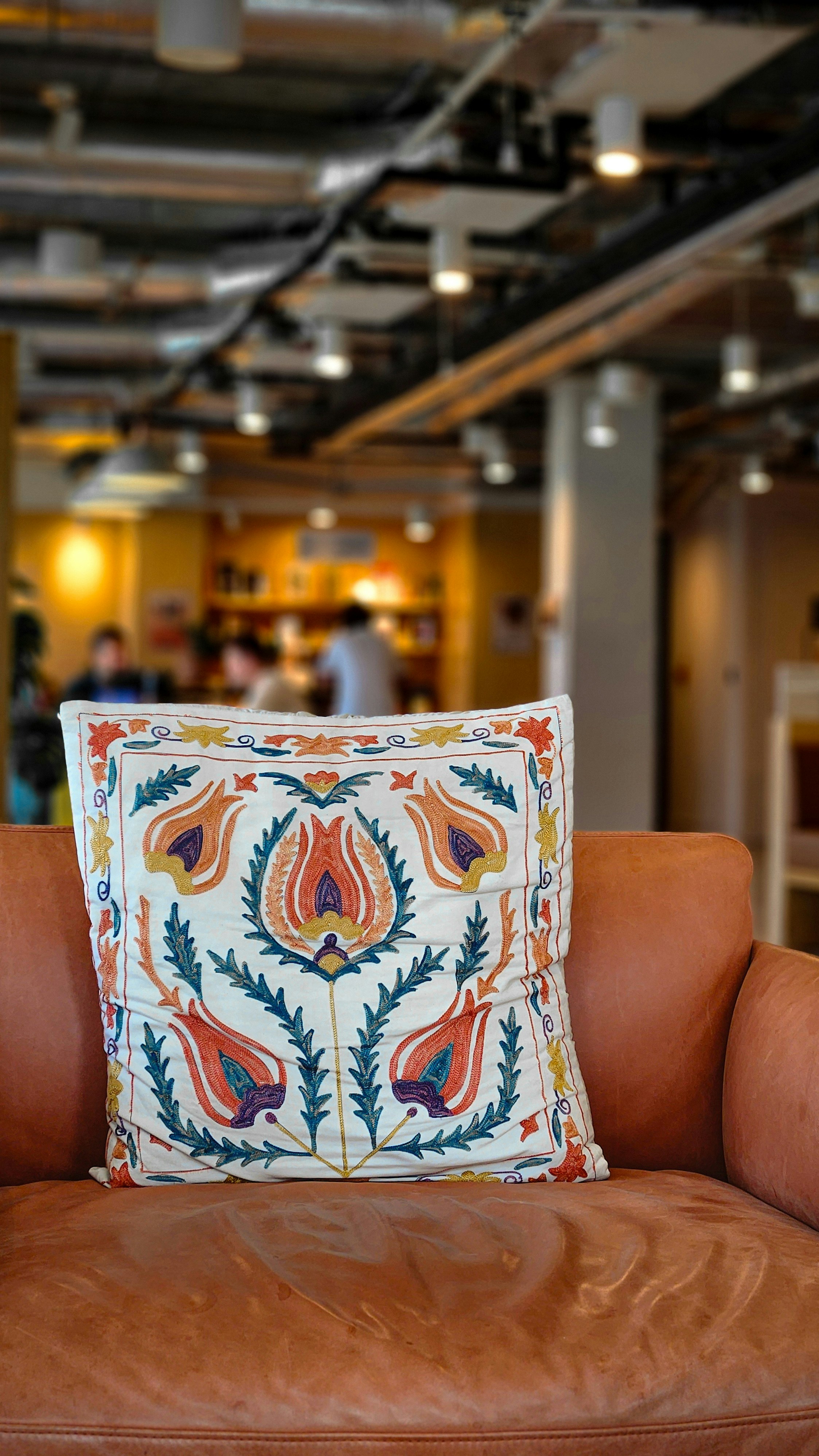 Embroidered Cushion on a Warm Leather Sofa in a Modern Café