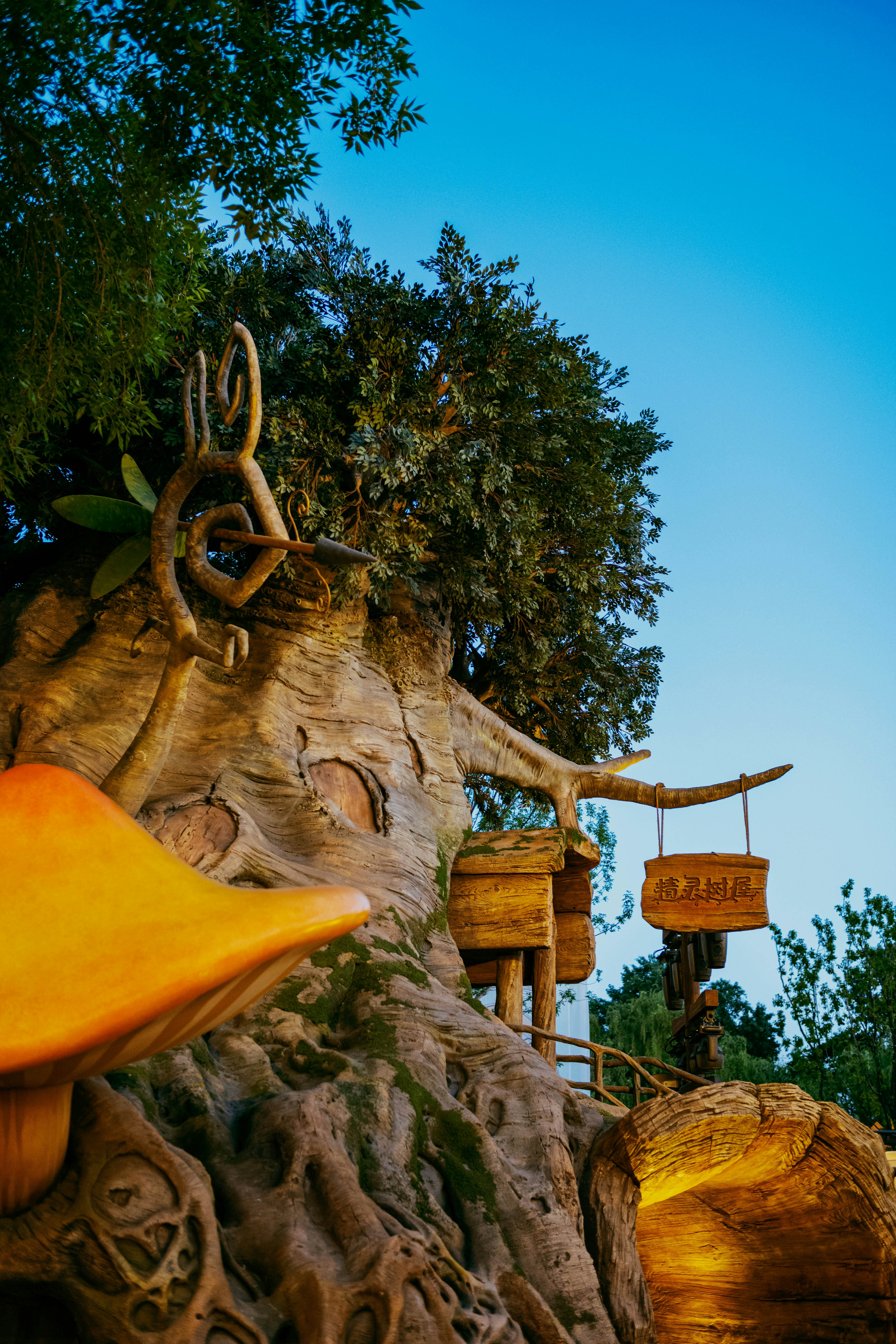 Rooted Wonder: A Giant Tree and Its Wooden Signposts