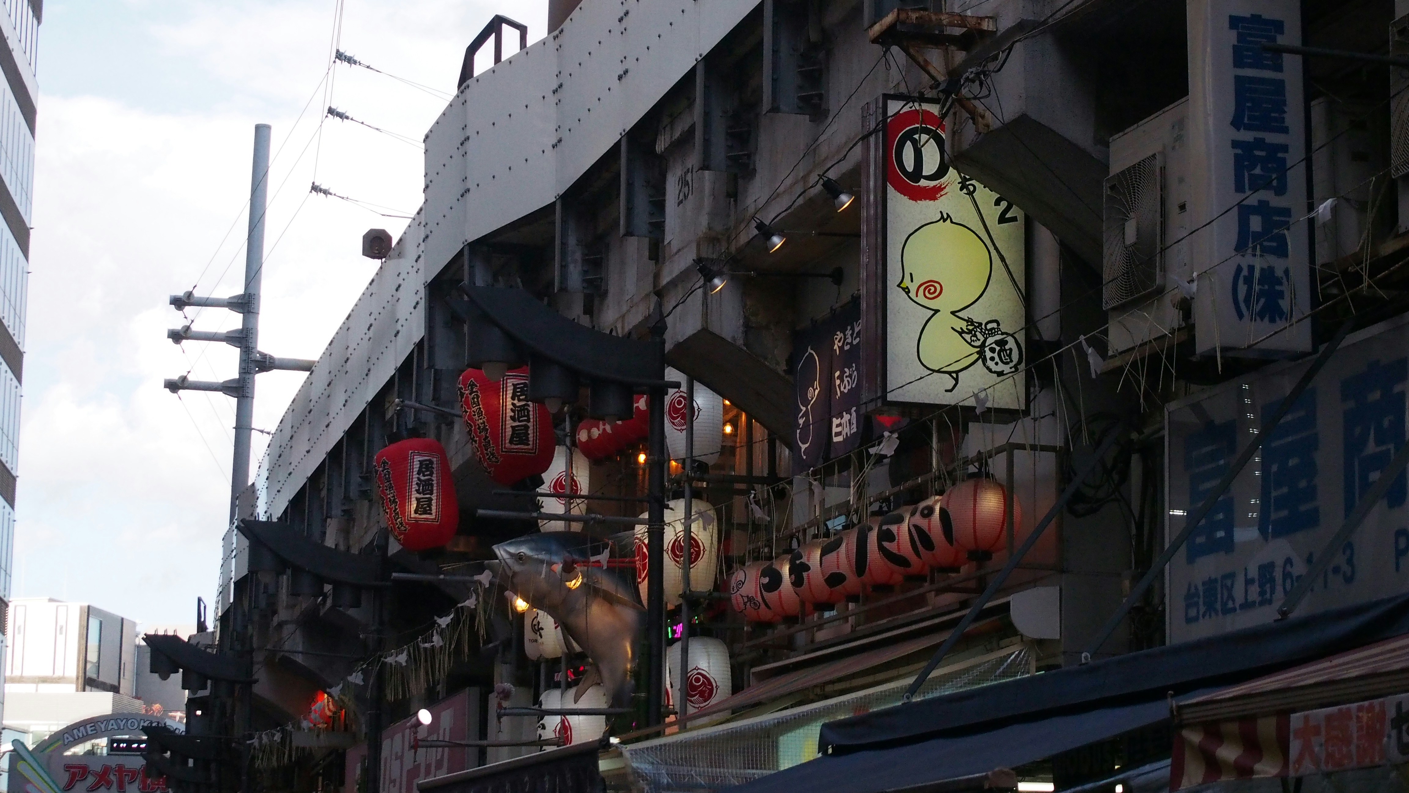 Bustling street market with red lanterns and signs; focus on the colorful storefronts and overhead decorations.