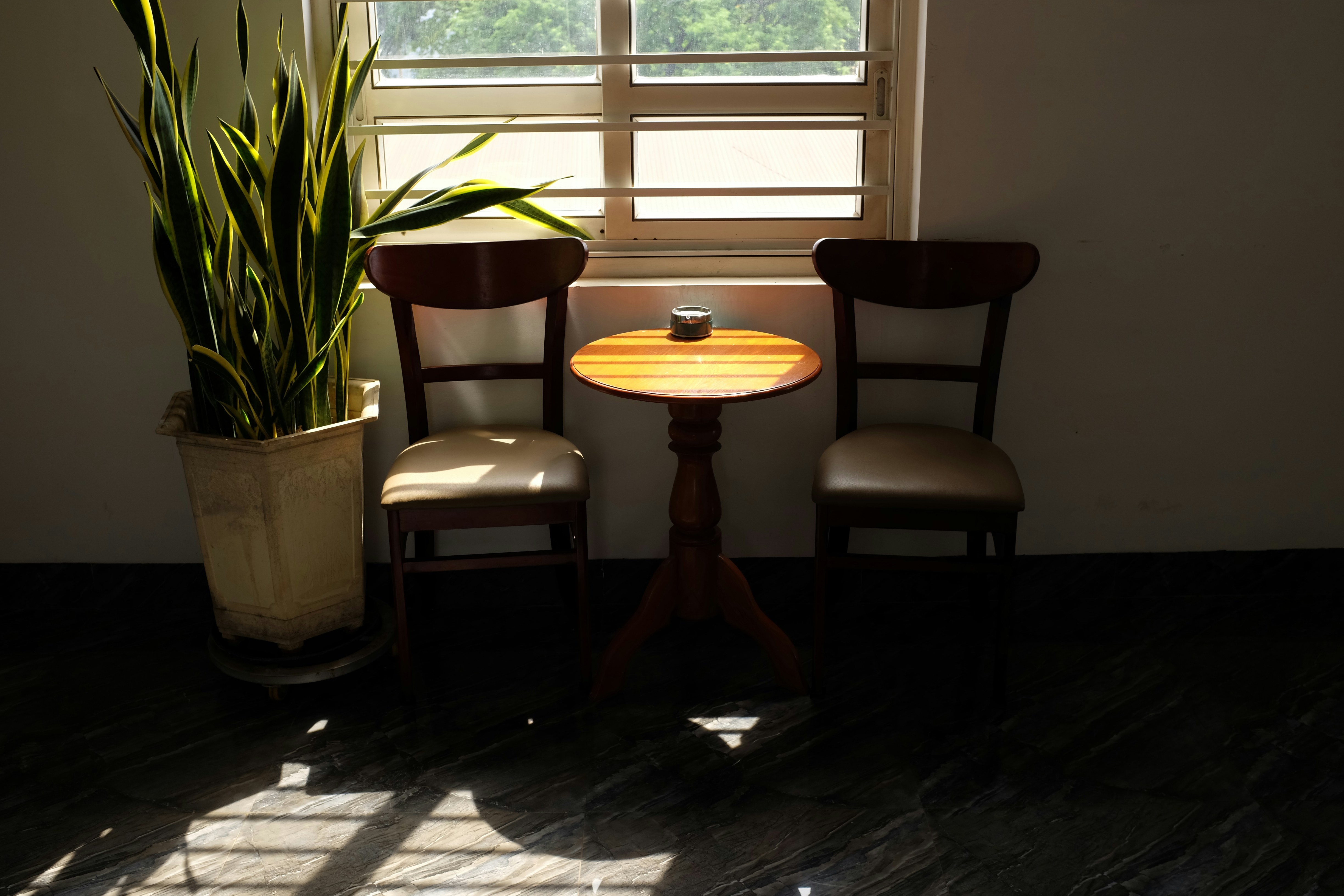 Quiet Corner: Two Chairs, Round Table, and a Plant in Afternoon Light
