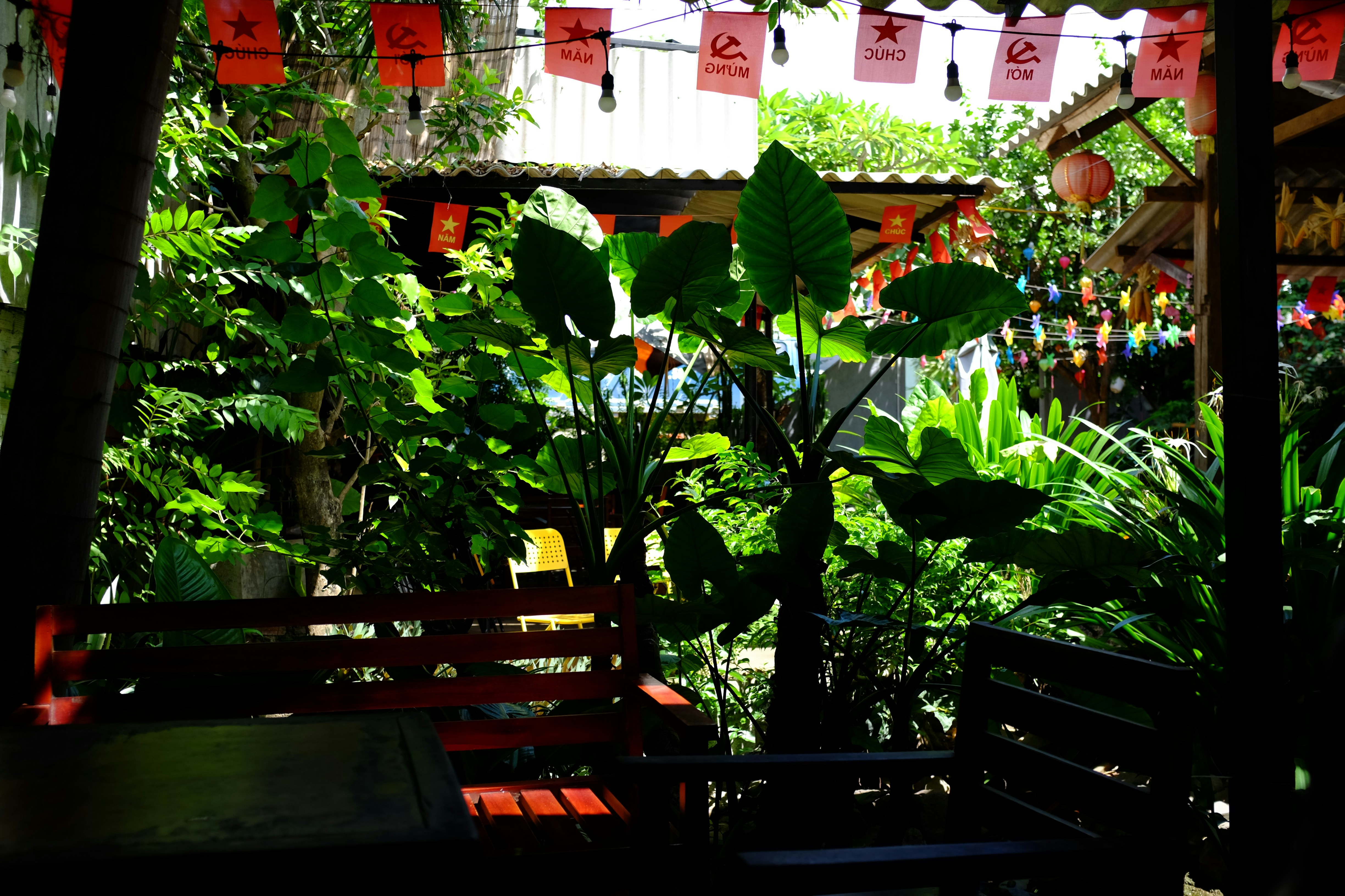 Sunlit courtyard sanctuary with lush greenery and hanging banners