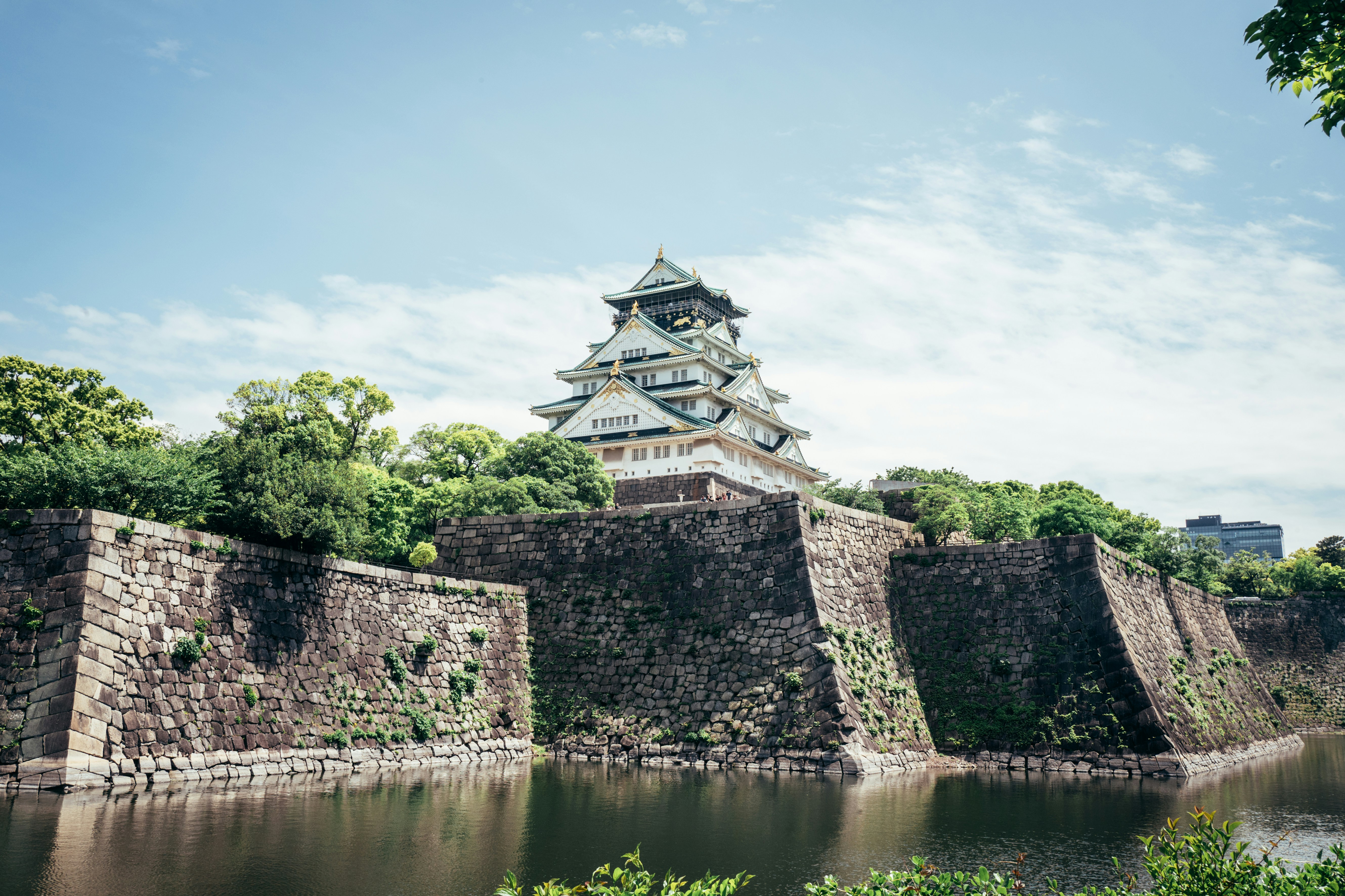 Emerald moat and ancient keep: a sunlit castle on stone battlements