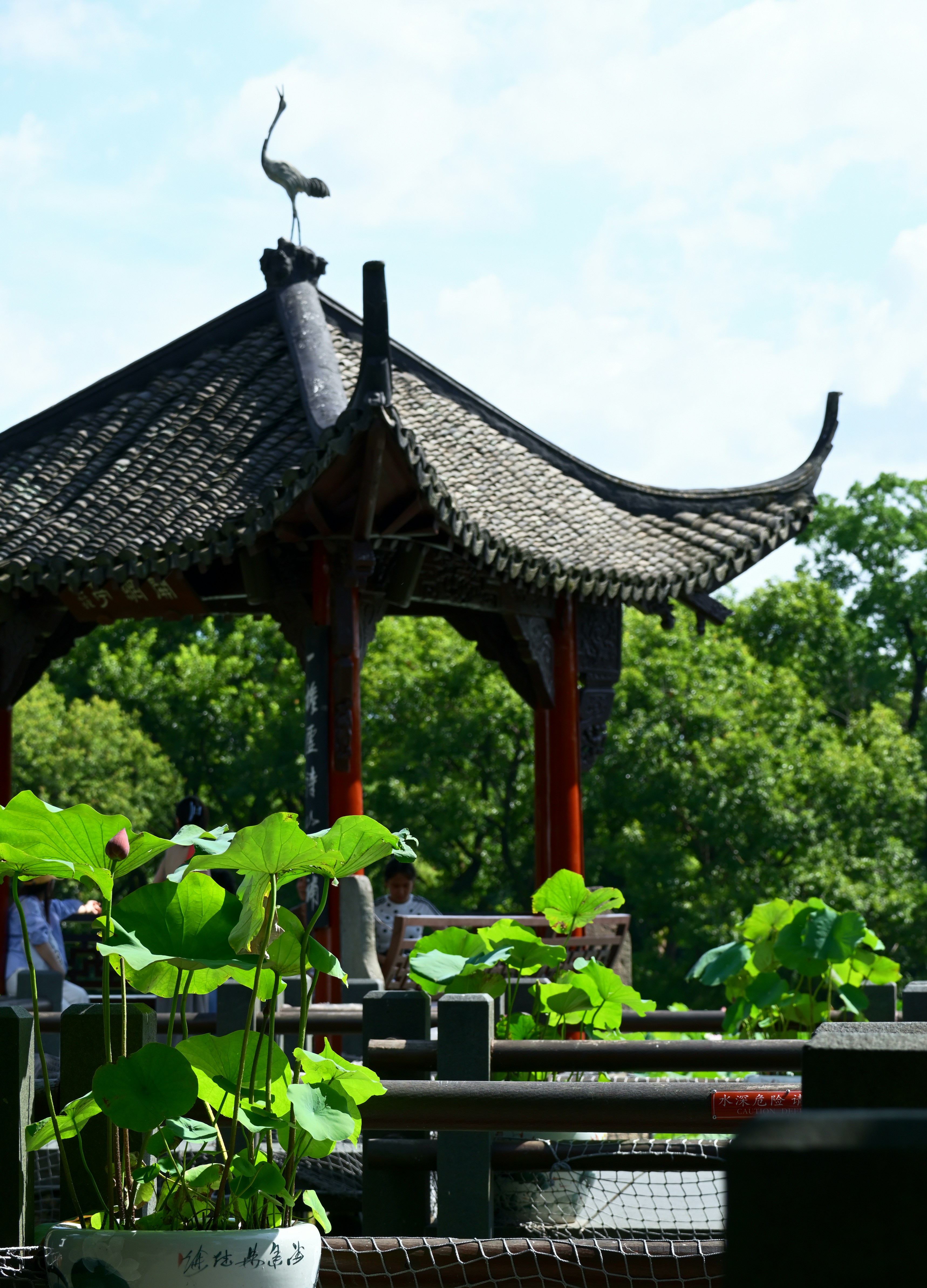 Traditional Chinese pavilion with curved rooflines rises above lush greenery and lotus plants in a tranquil garden scene.
